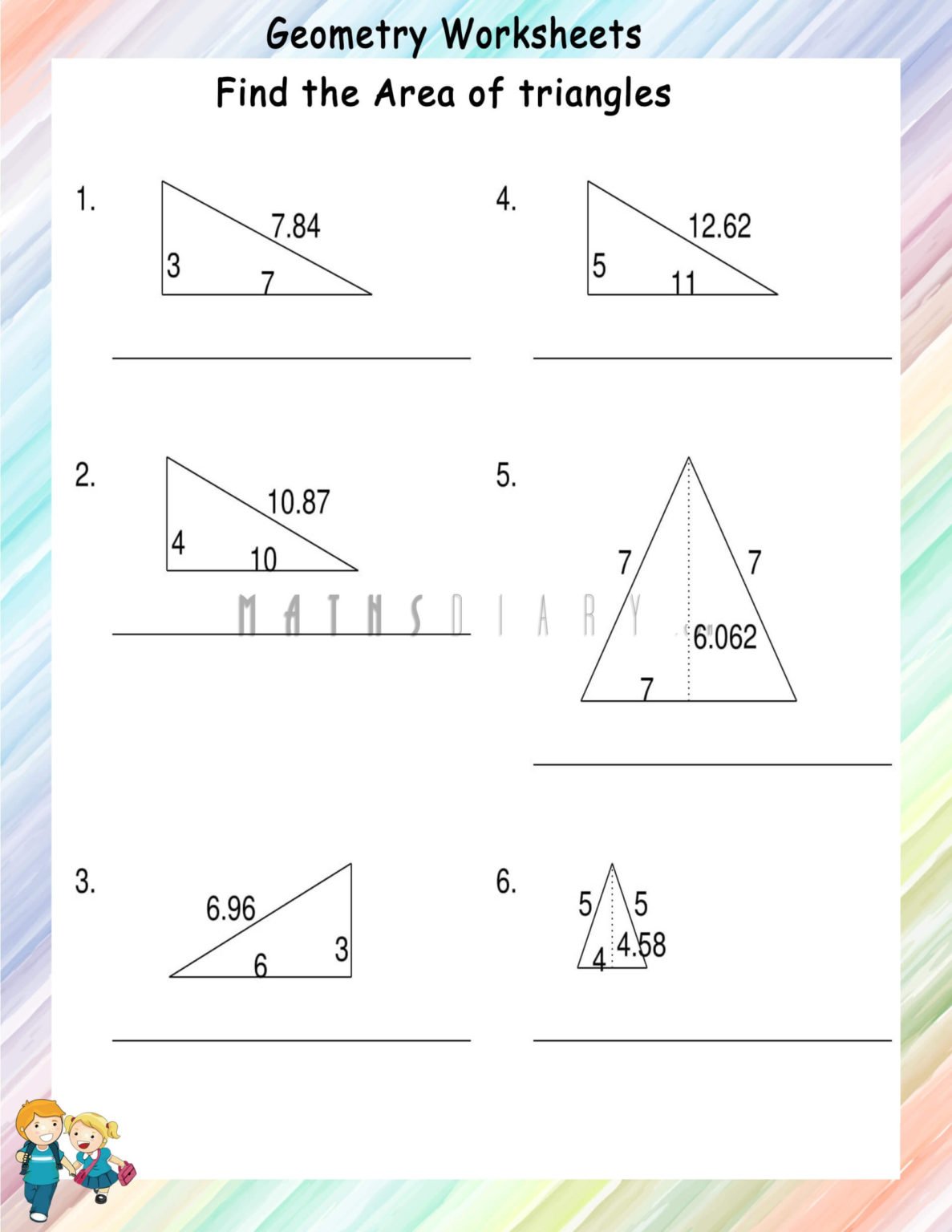 Find the area of triangles worksheets - Math Worksheets - MathsDiary.com