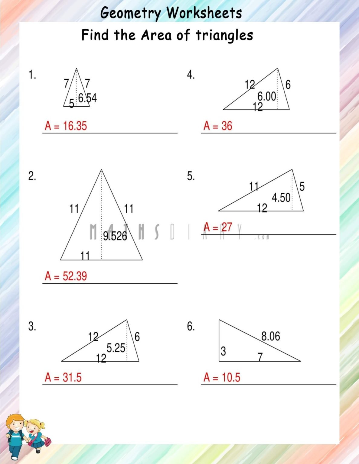 Find the area of triangles worksheets - Math Worksheets - MathsDiary.com