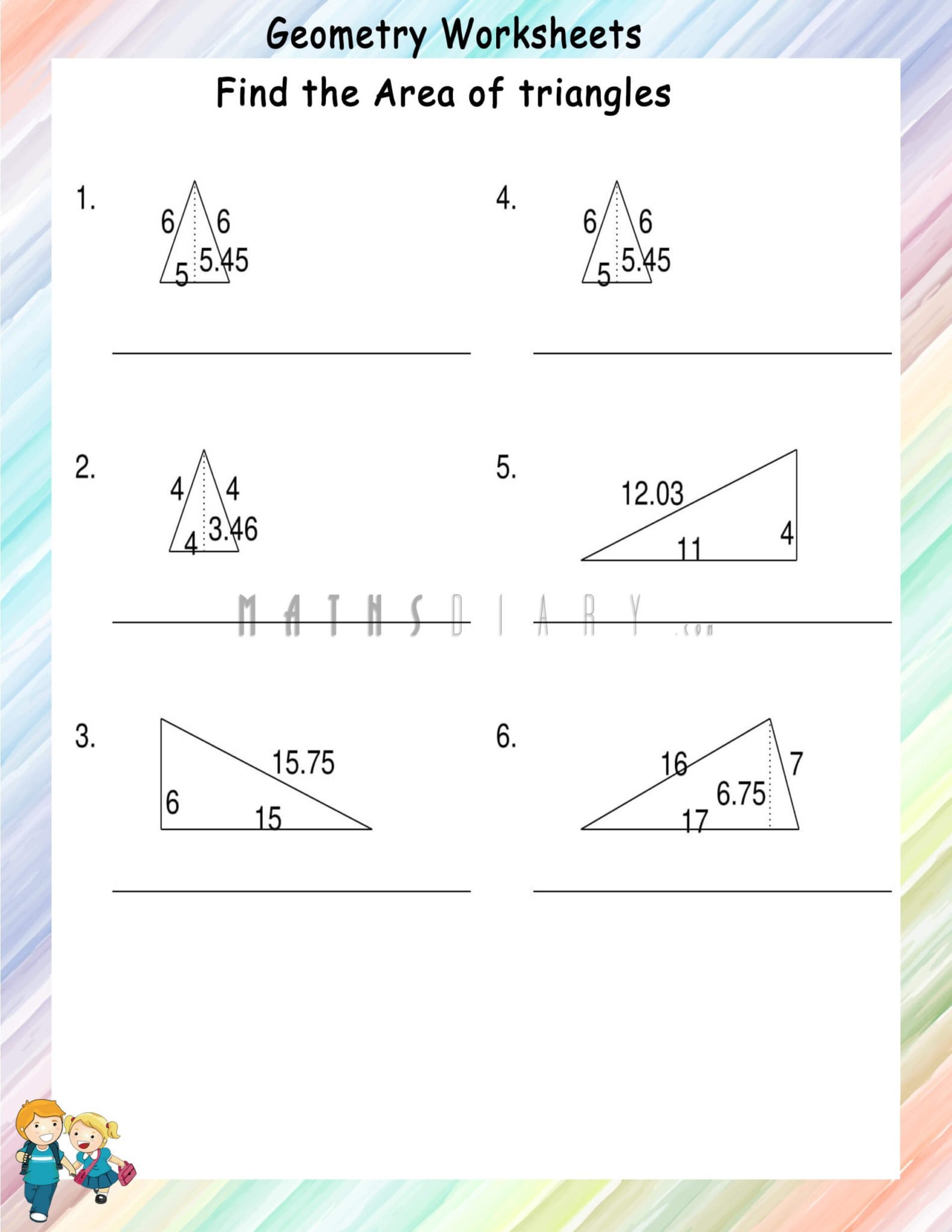 Find the area of triangles worksheets - Math Worksheets - MathsDiary.com