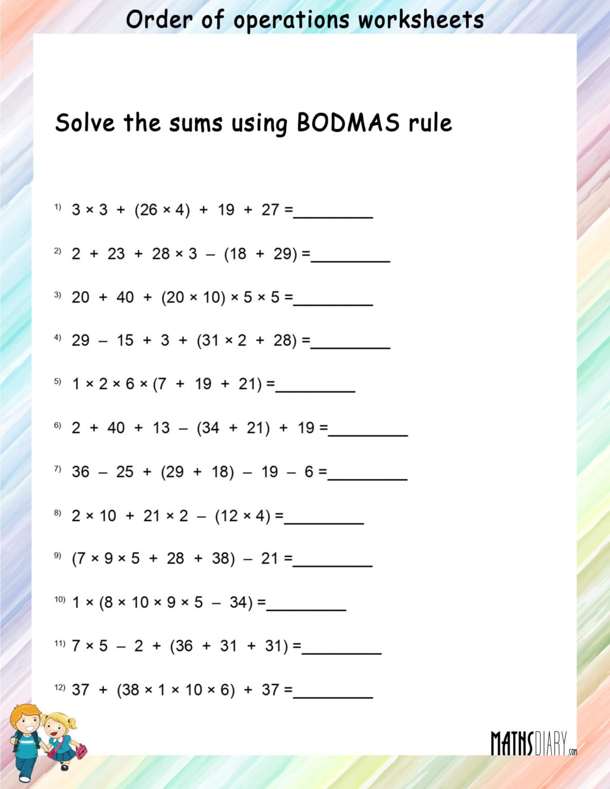 Order of Fundamental Operations – Grade 4 Math Worksheets