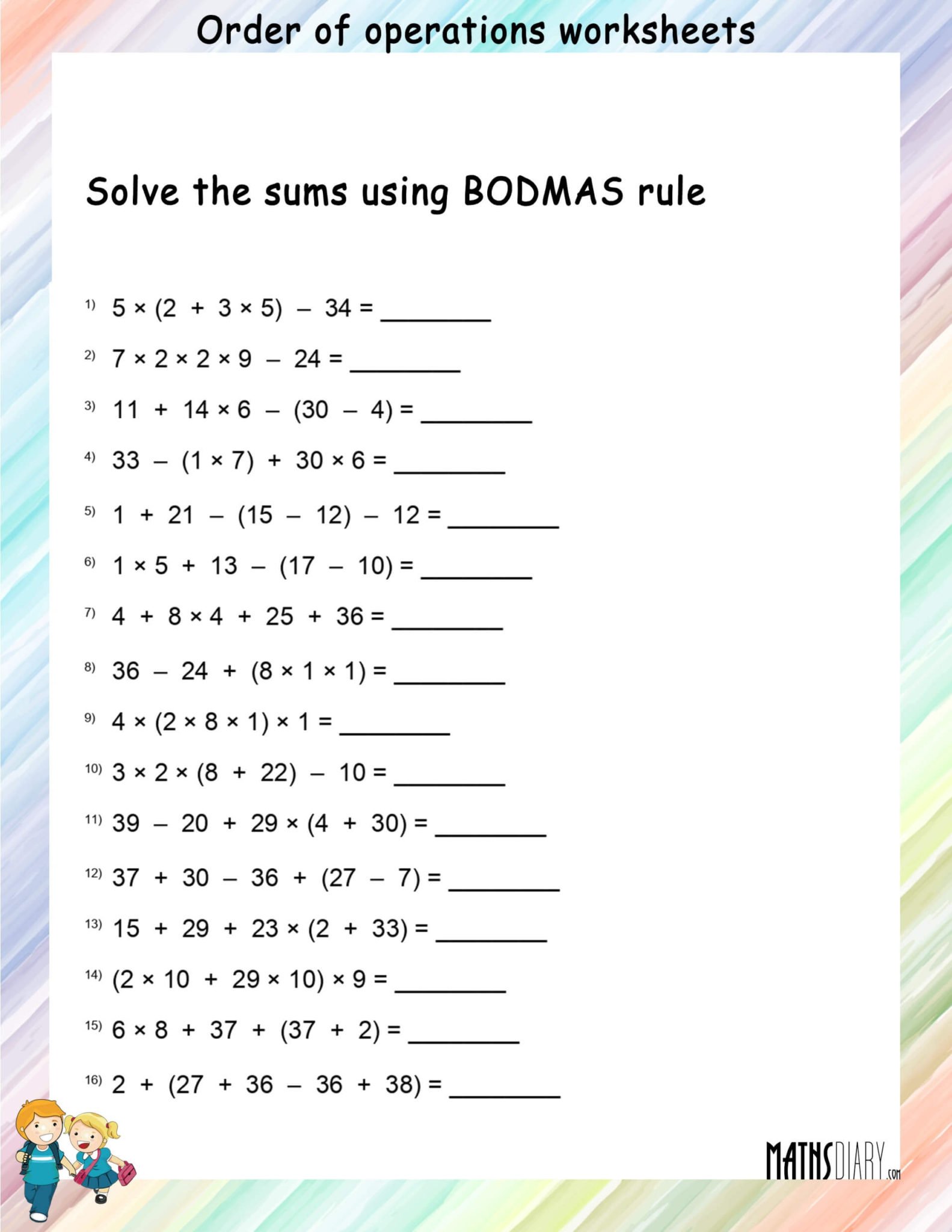 Order of Fundamental Operations – Grade 4 Math Worksheets
