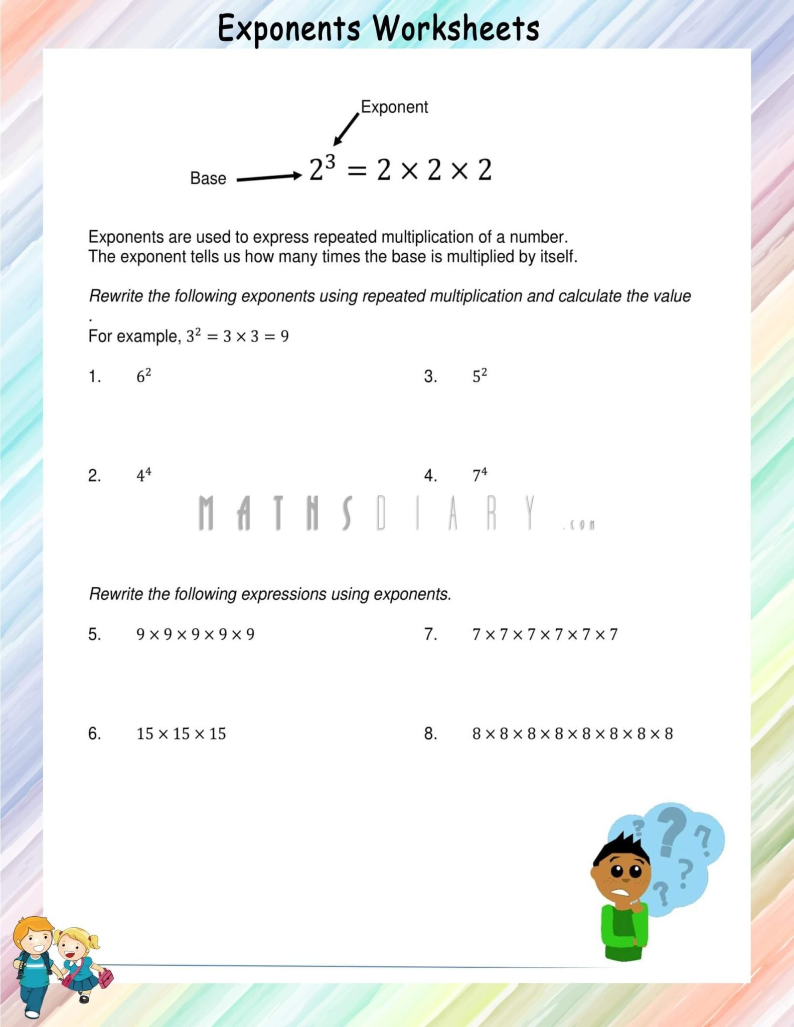 Introduction to exponents - Math Worksheets - MathsDiary.com