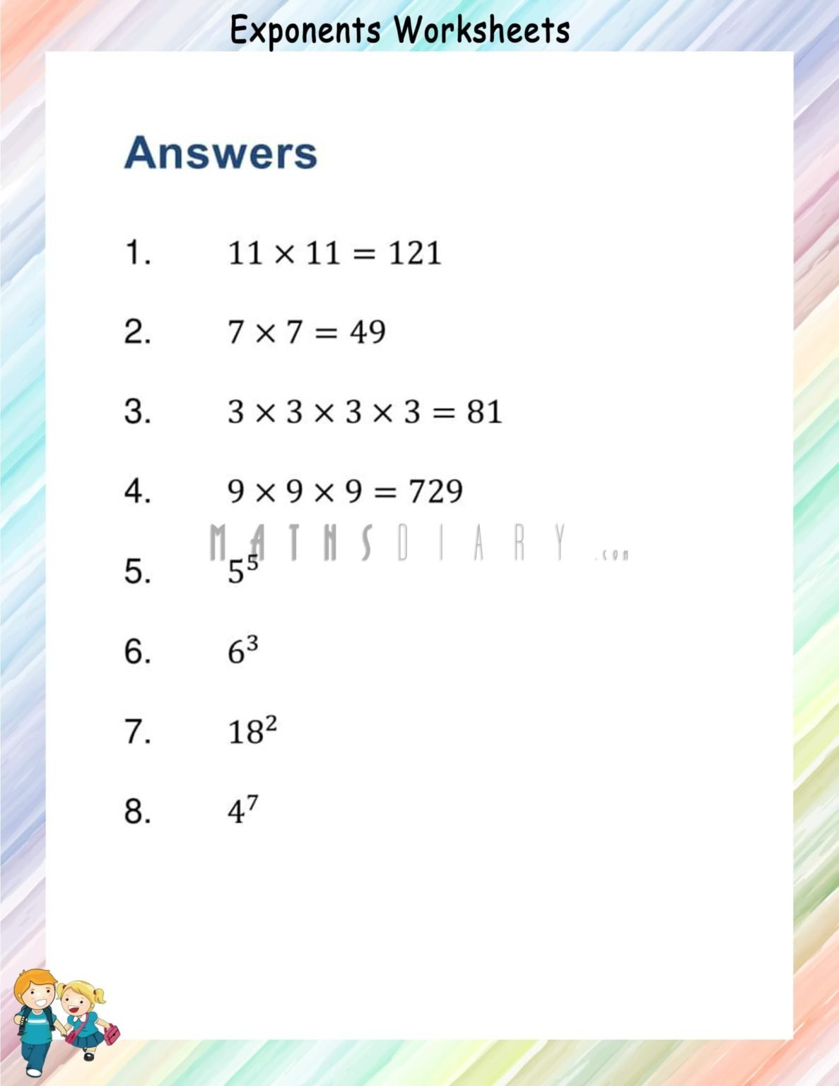Introduction to exponents - Math Worksheets - MathsDiary.com