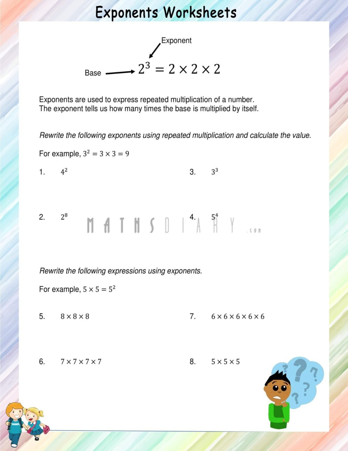 Introduction to exponents - Math Worksheets - MathsDiary.com