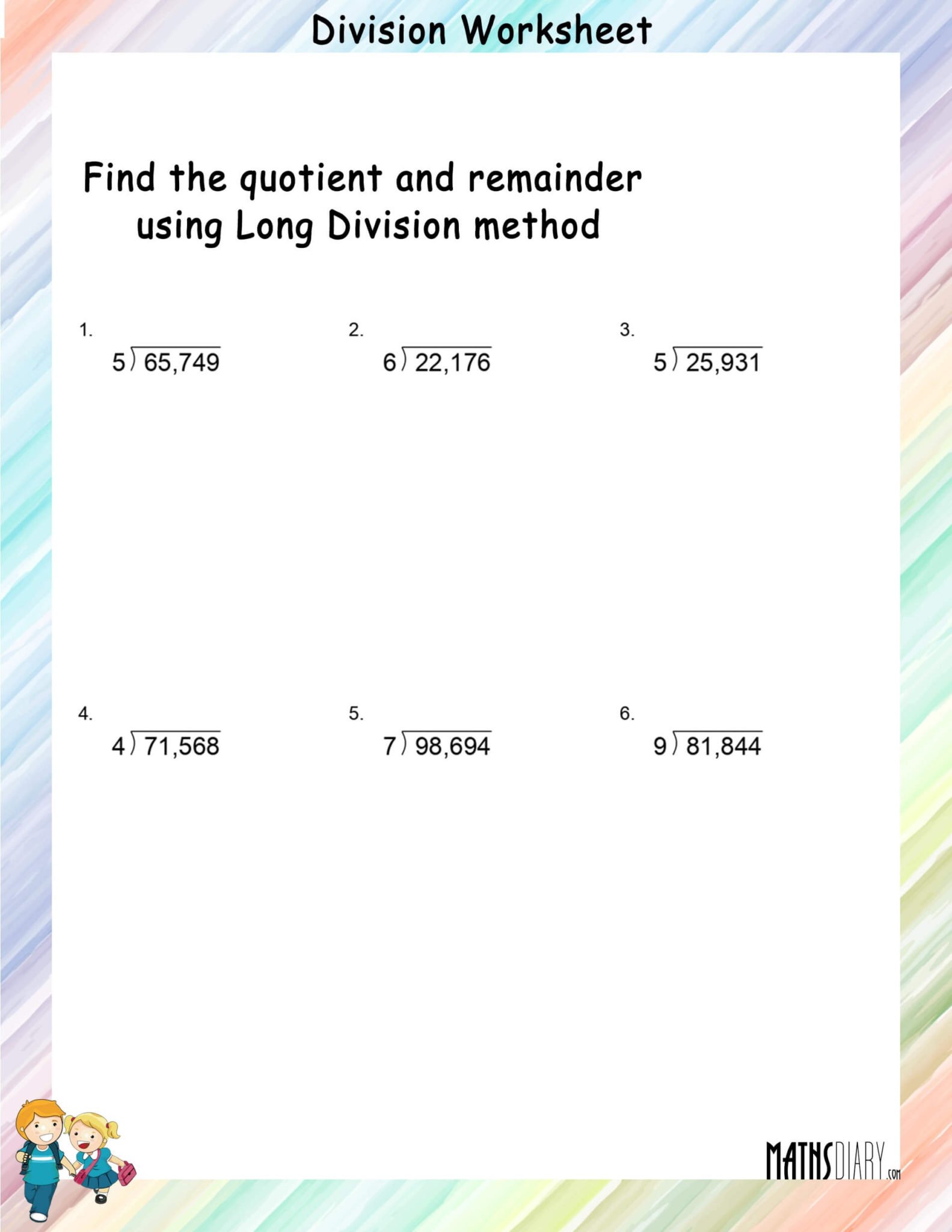 Long Division method by 1 digit number worksheets - Math Worksheets ...
