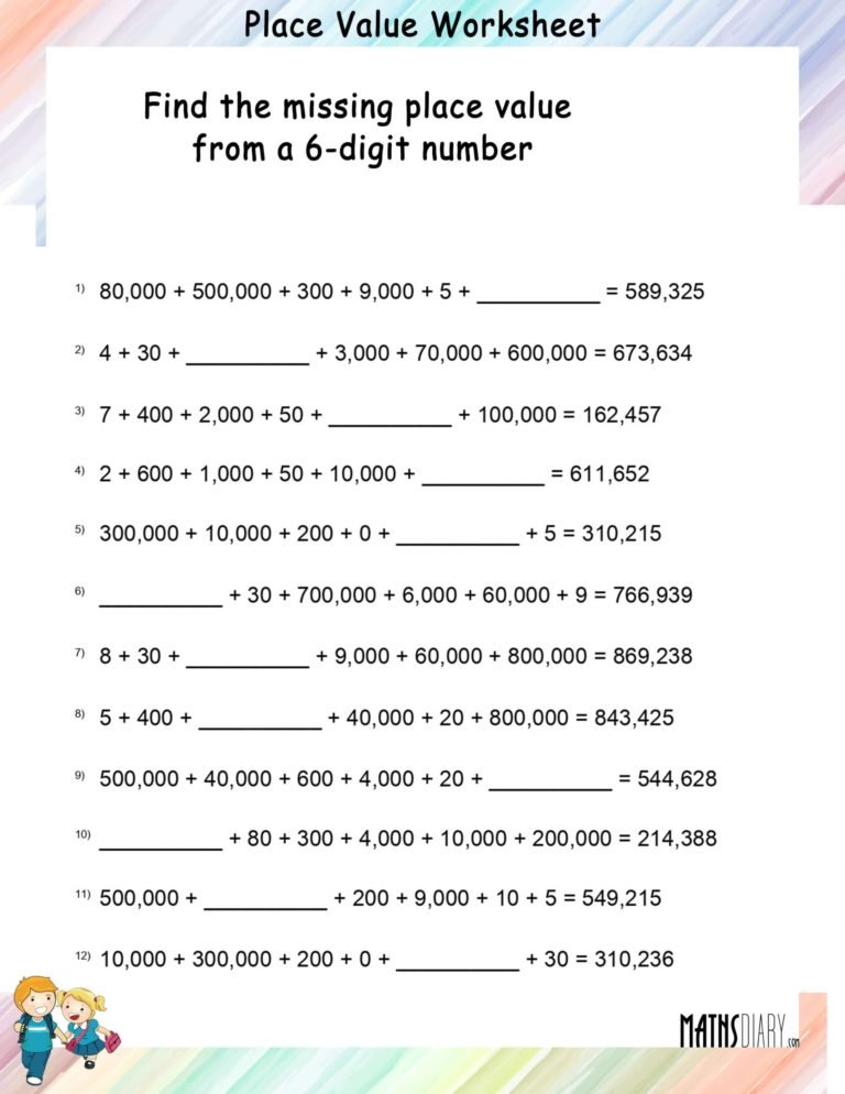 Missing Place Value from a 6-digit number - Math Worksheets ...