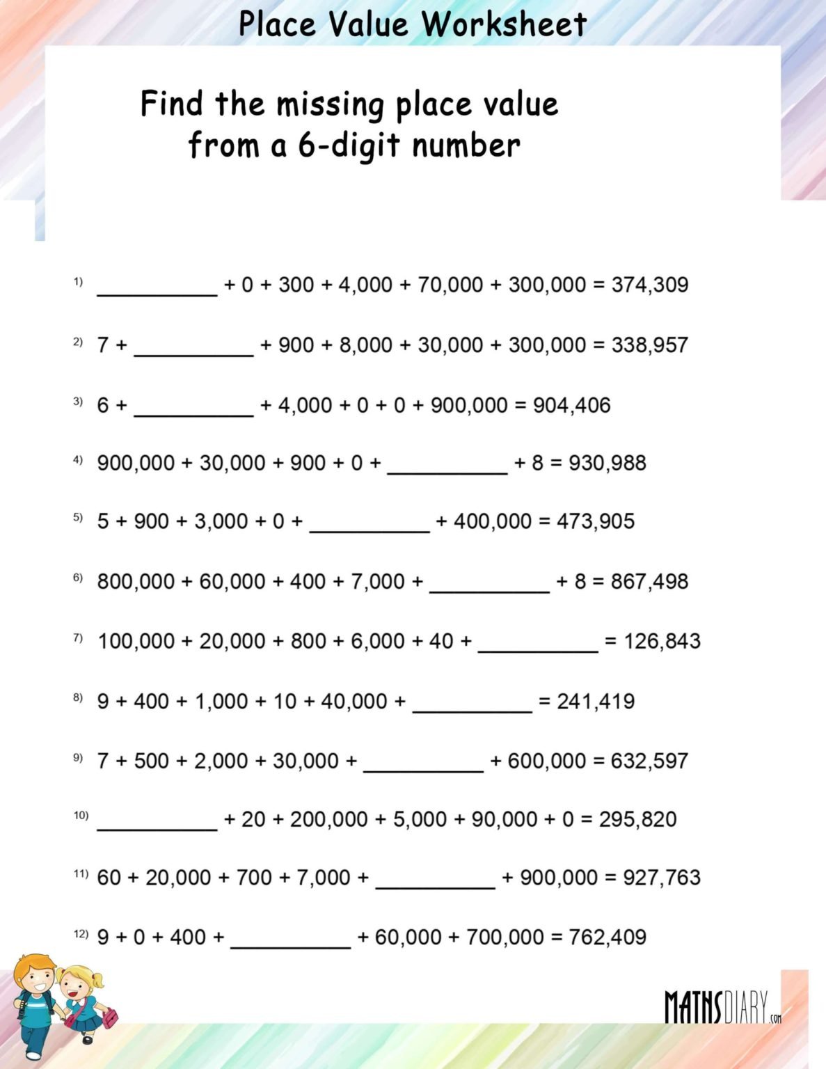 Missing Place Value from a 6-digit number - Math Worksheets ...