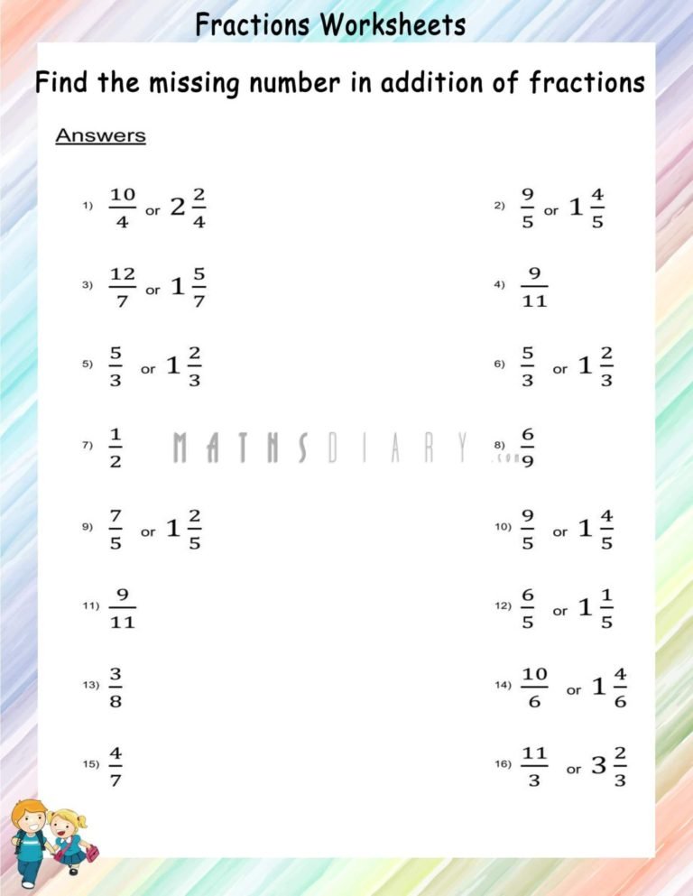 Complete the whole number by addition of fractions worksheets - Math ...