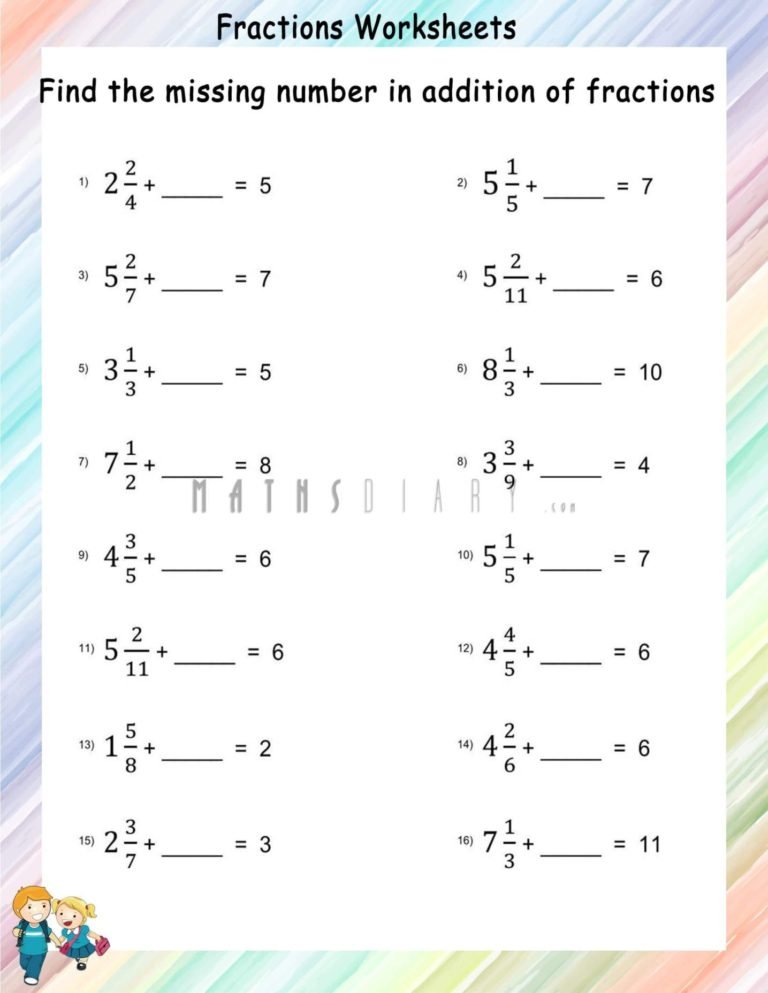 Complete the whole number by addition of fractions worksheets - Math ...