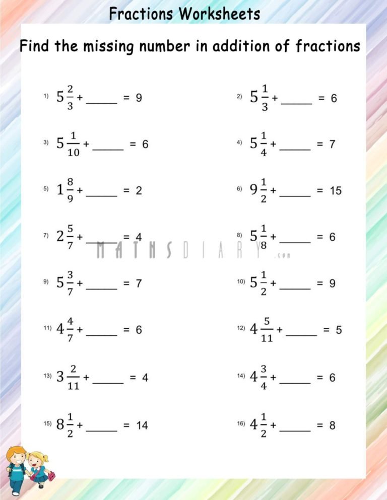 Complete the whole number by addition of fractions worksheets - Math ...