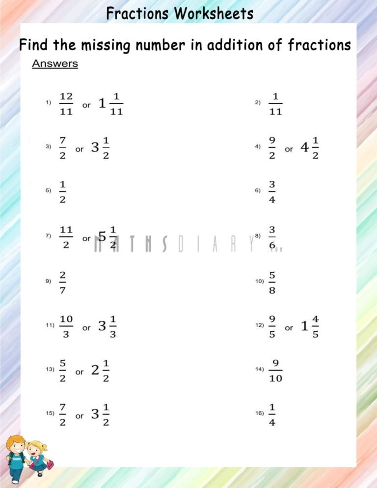 Complete the whole number by addition of fractions worksheets - Math ...