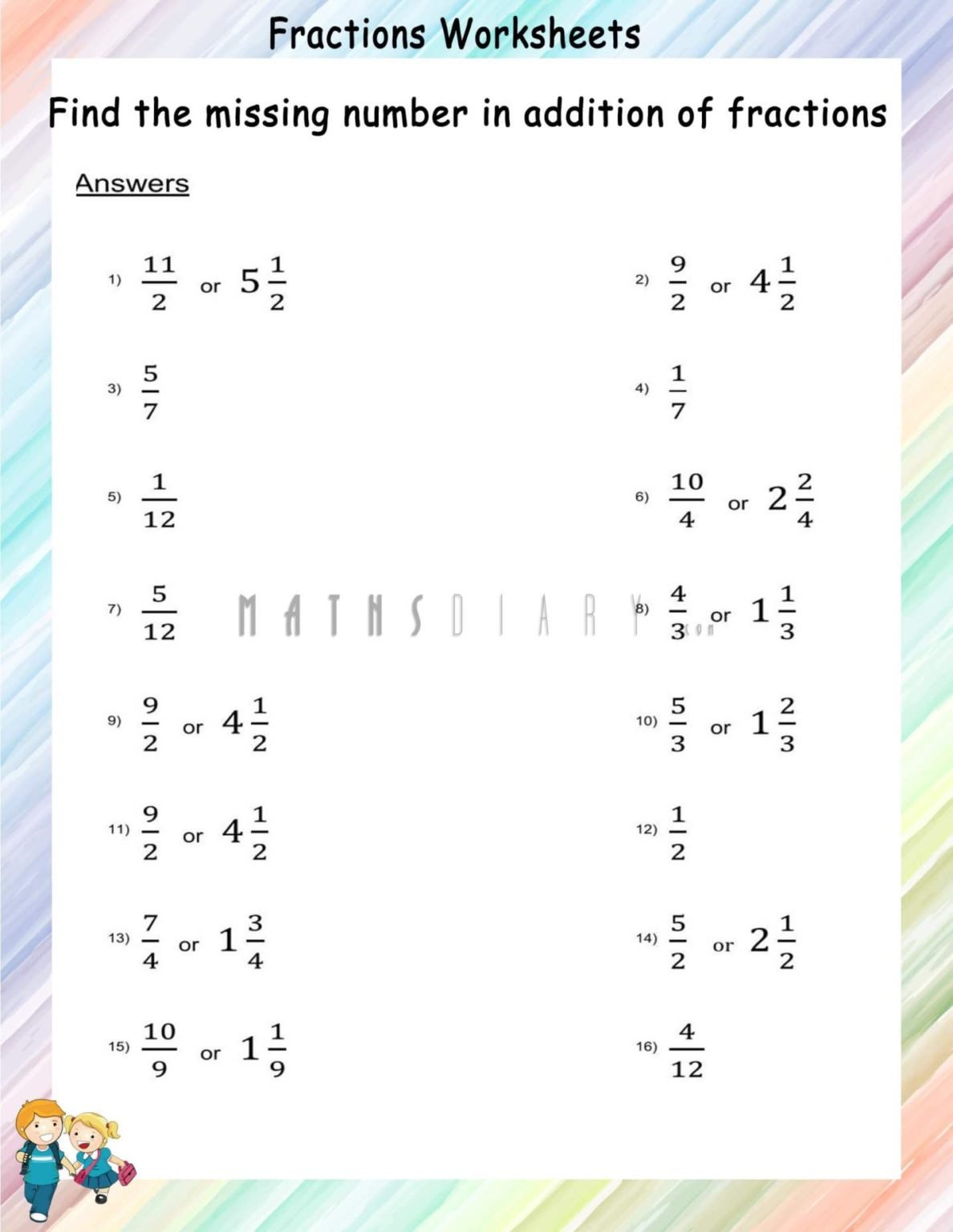 Complete the whole number by addition of fractions worksheets - Math ...