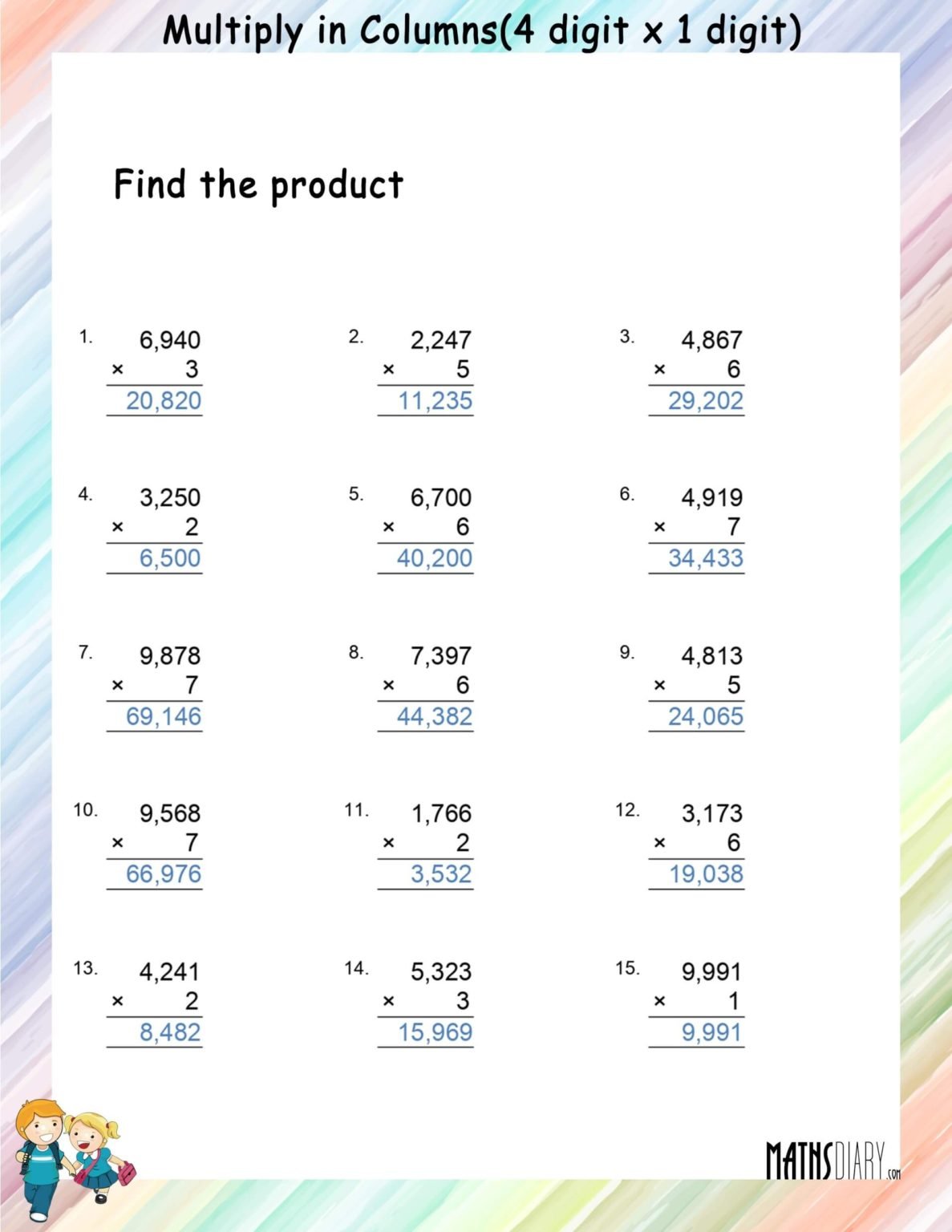 Multiply in Columns 4 digit by 1 digit number Worksheets - Math ...