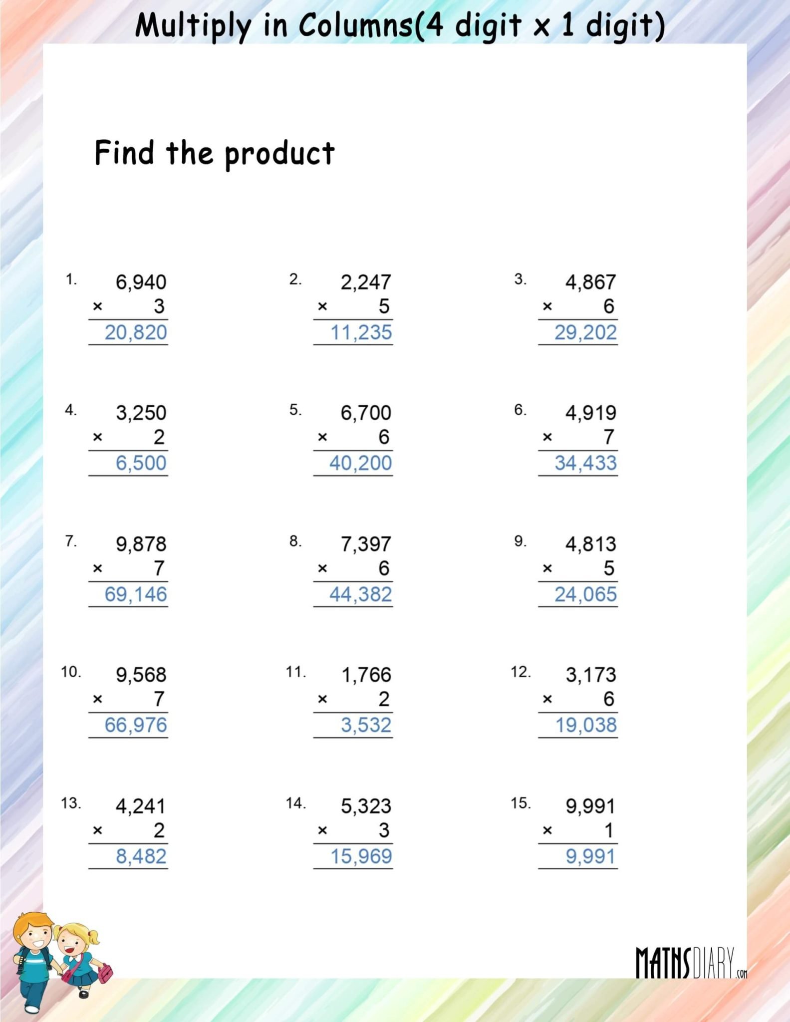 Multiply in Columns 4 digit by 1 digit number Worksheets - Math ...