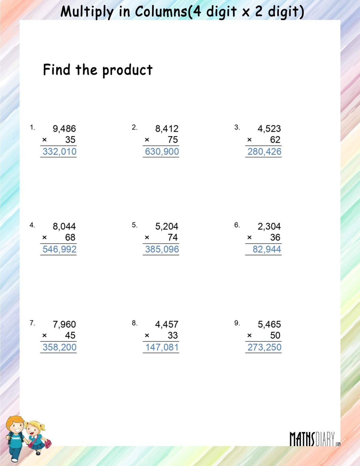 Multiply in Columns 4 digit by 1 digit number Worksheets - Math ...