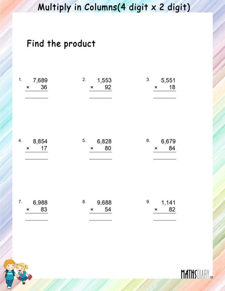 Multiply in Columns 4 digit by 1 digit number Worksheets - Math ...