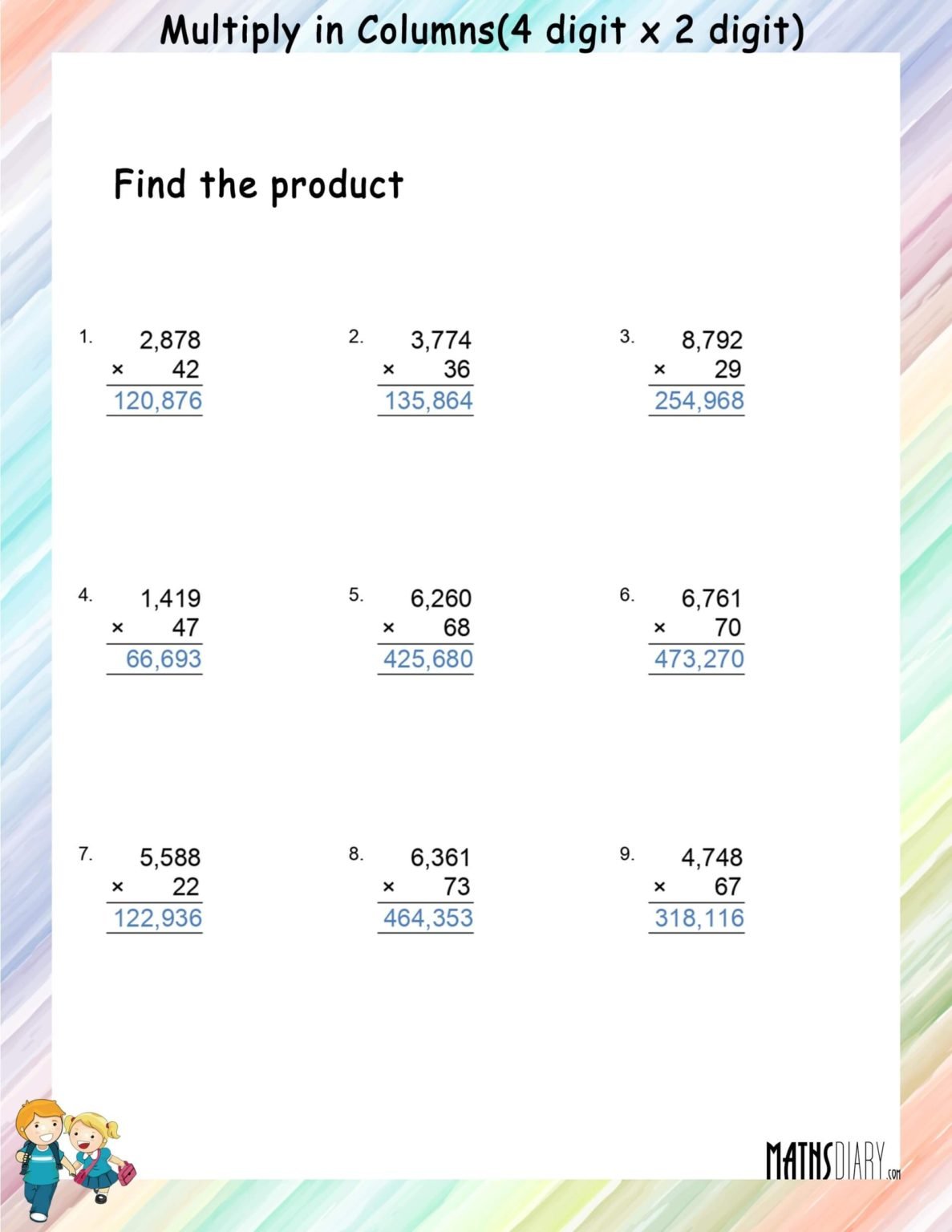 Multiply in Columns 4 digit by 1 digit number Worksheets - Math ...