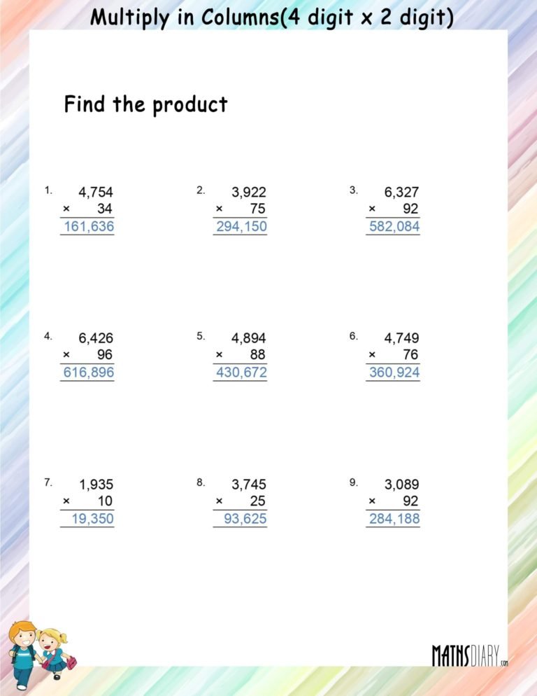 Multiply in Columns 4 digit by 1 digit number Worksheets - Math ...