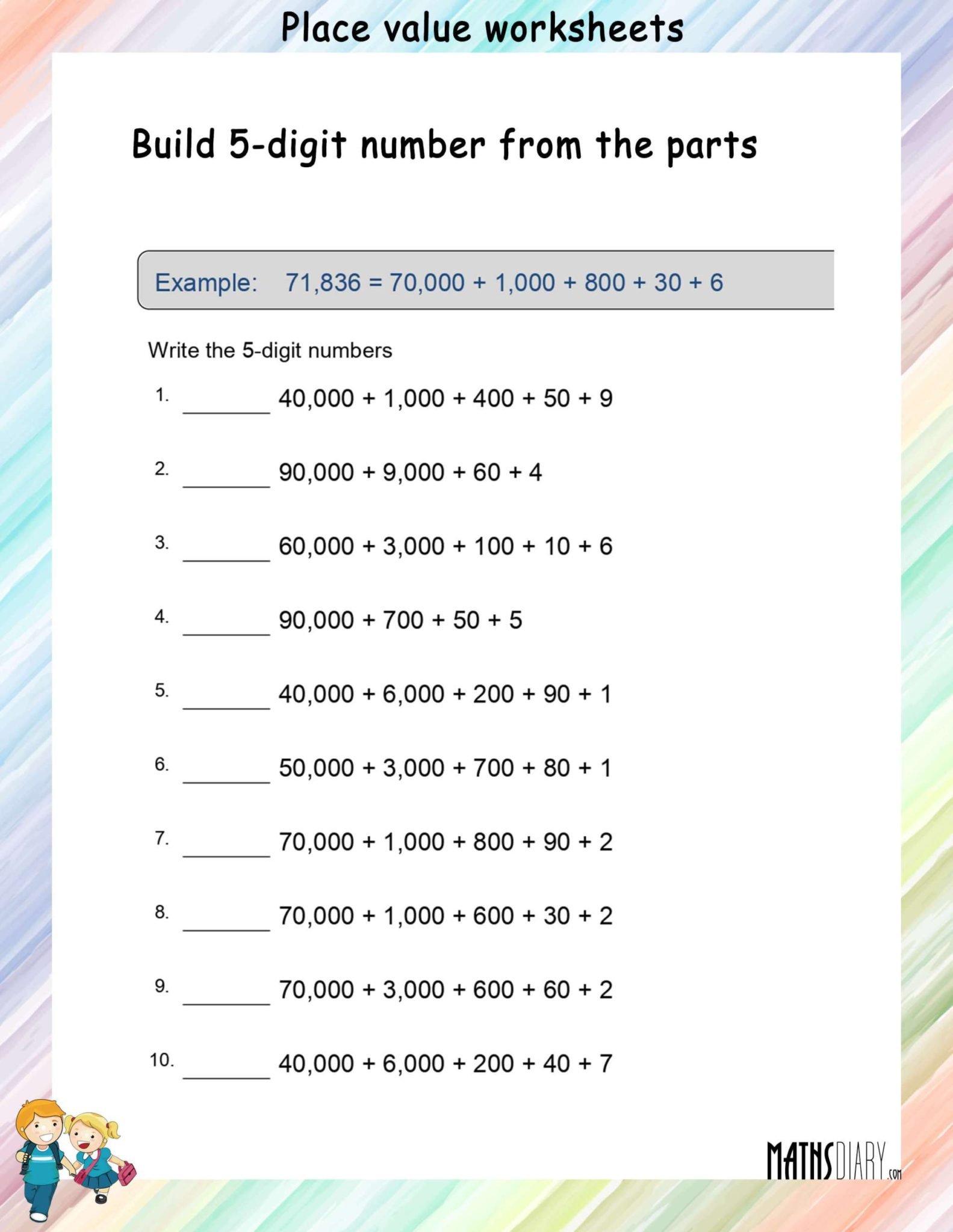 Build 5-digit number from parts - Math Worksheets - MathsDiary.com