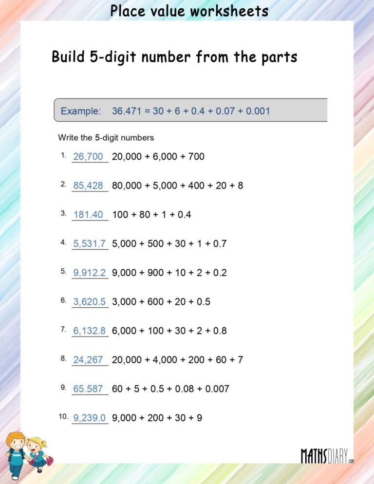 Build 5-digit number from parts - Math Worksheets - MathsDiary.com