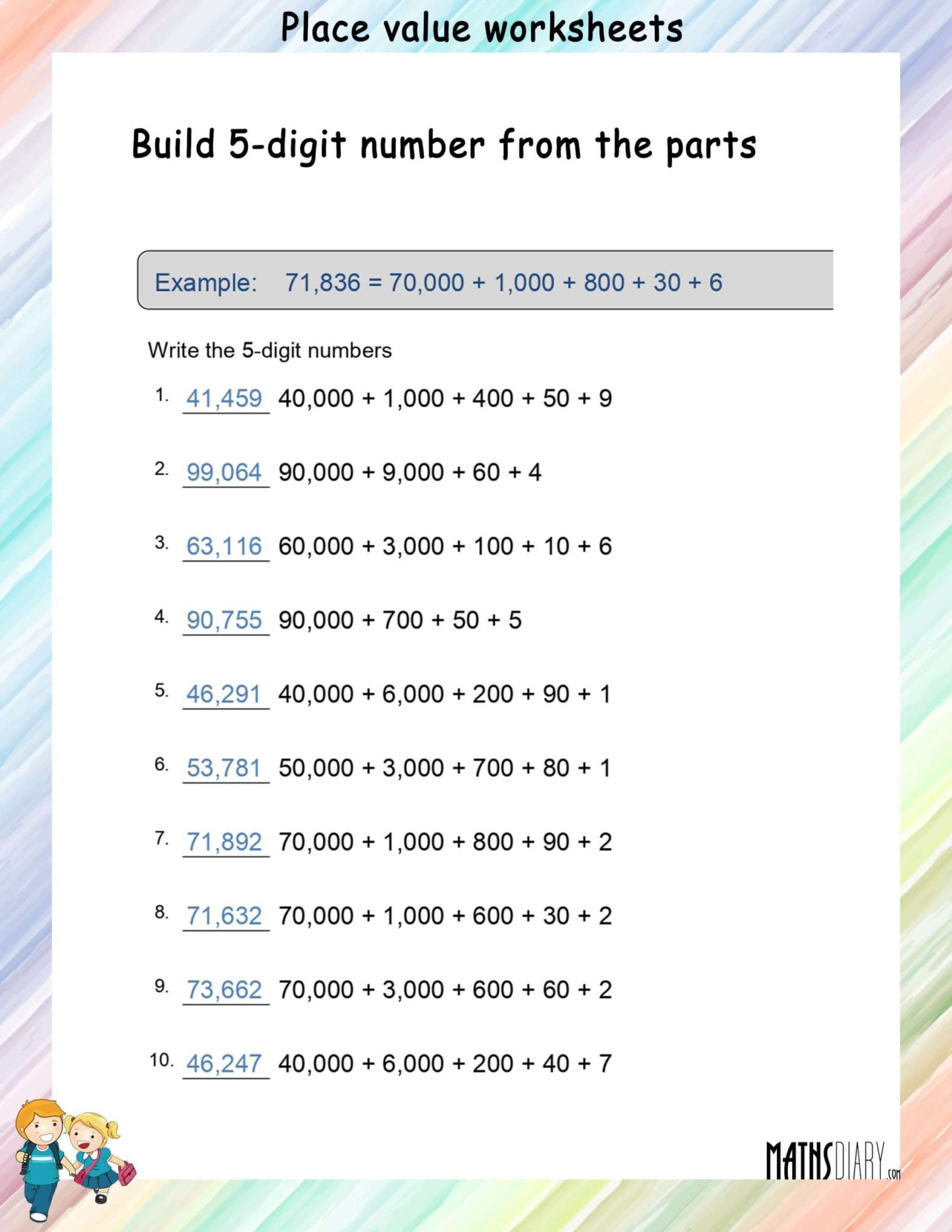 Build 5-digit number from parts - Math Worksheets - MathsDiary.com