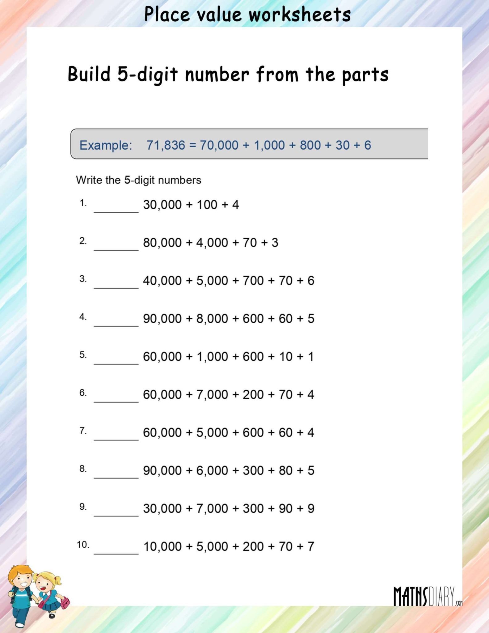 Build 5-digit number from parts - Math Worksheets - MathsDiary.com