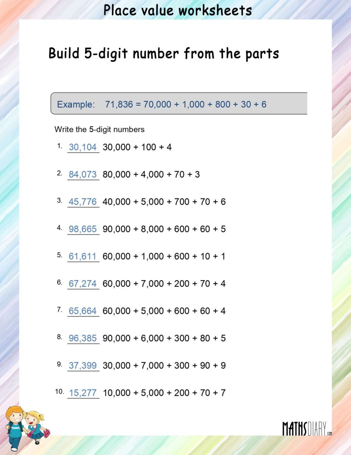 Build 5-digit number from parts - Math Worksheets - MathsDiary.com
