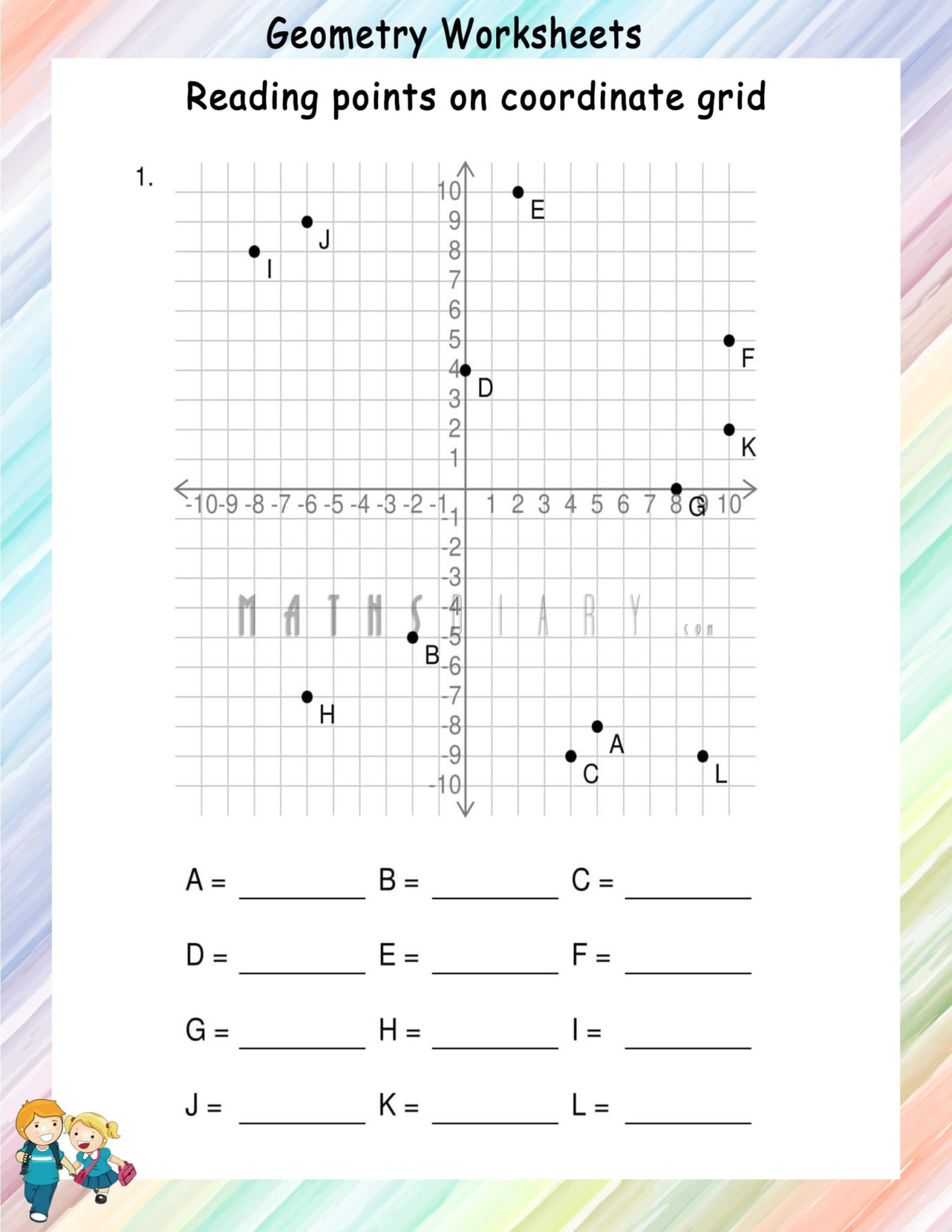 Reading points from four quadrants - Math Worksheets - MathsDiary.com