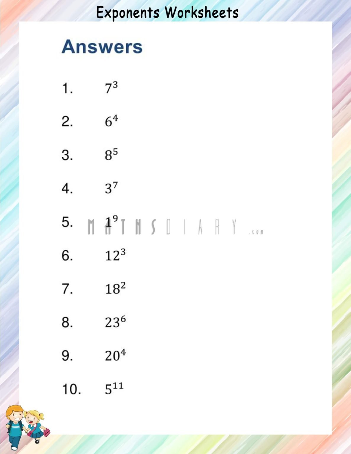 Exponents Math Worksheets