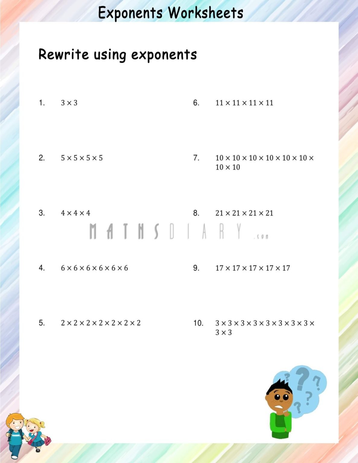 Writing using exponents worksheets - Math Worksheets - MathsDiary.com