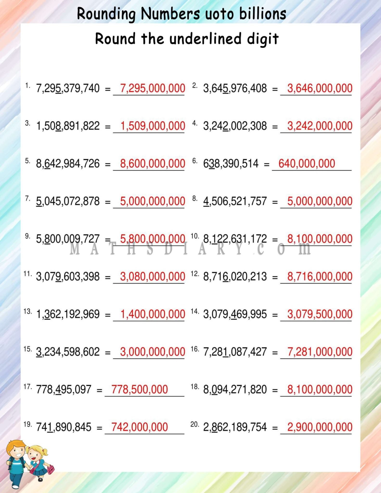 Rounding Numbers upto billions - Math Worksheets - MathsDiary.com