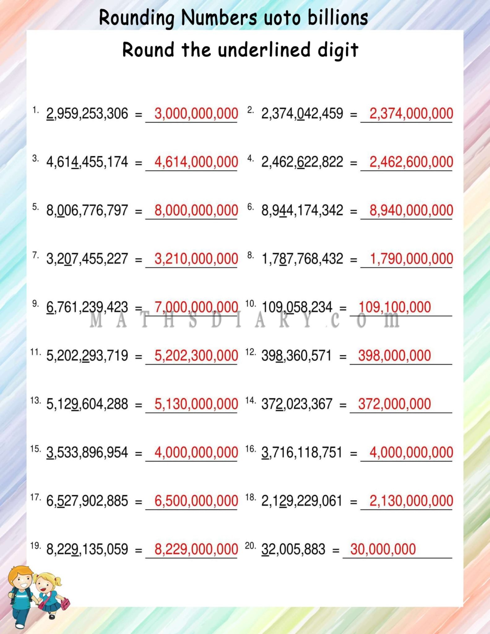 Rounding Numbers upto billions - Math Worksheets - MathsDiary.com