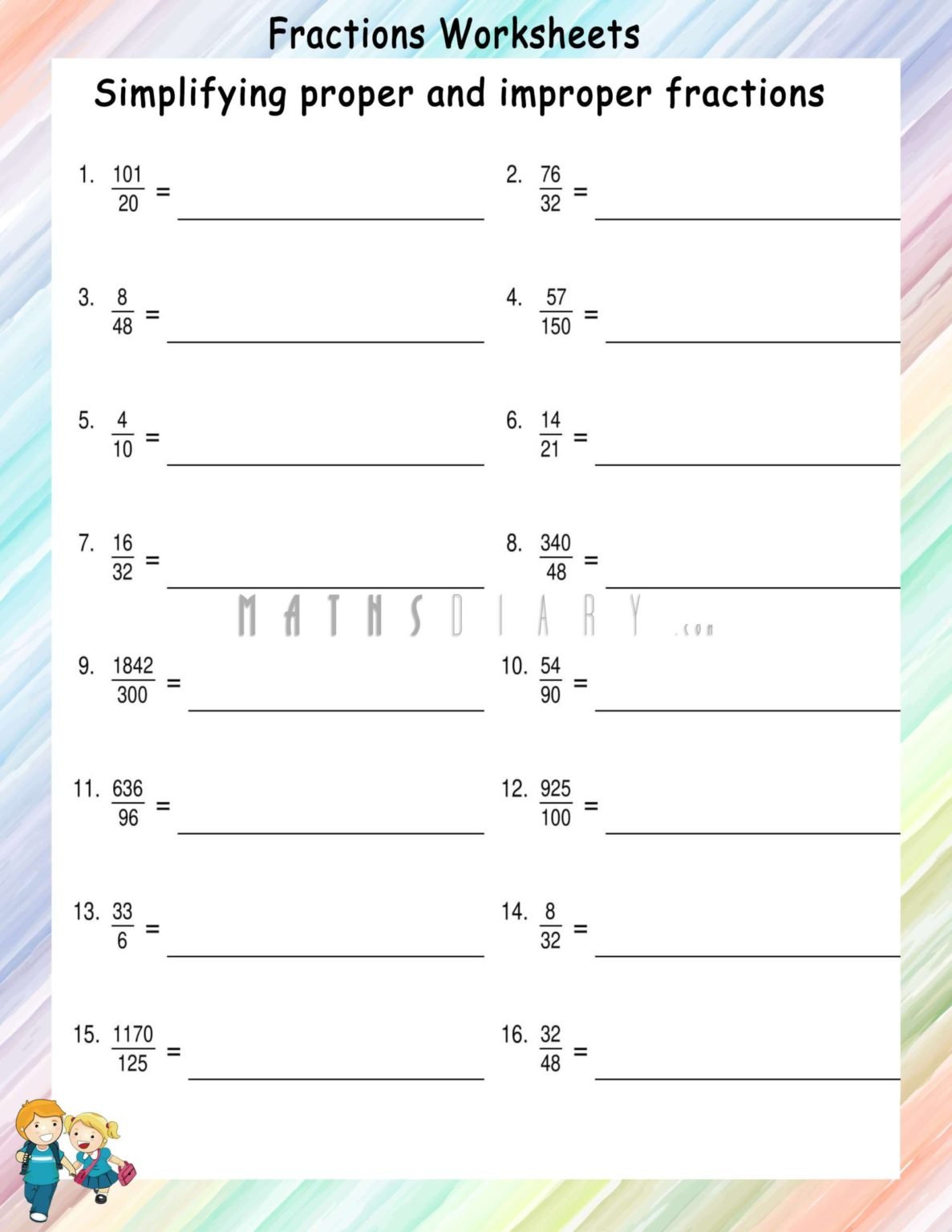Simplifying proper and improper fraction - Math Worksheets - MathsDiary.com