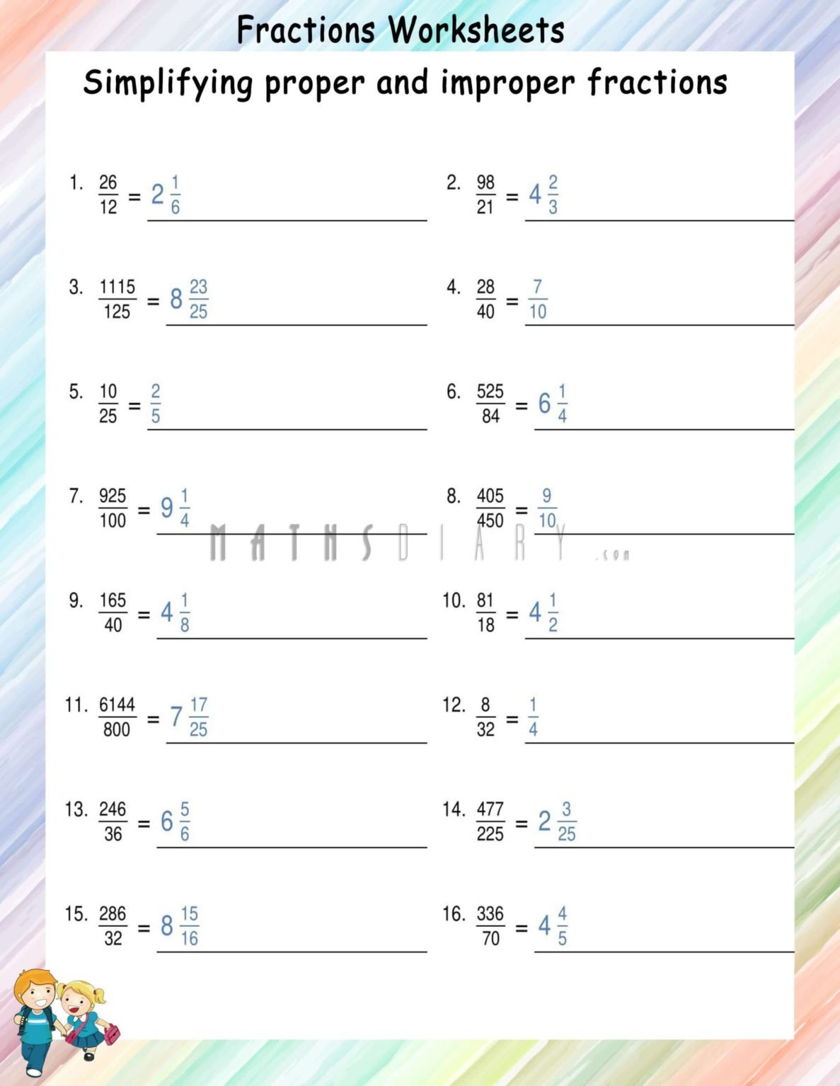 Simplifying proper and improper fraction - Math Worksheets - MathsDiary.com