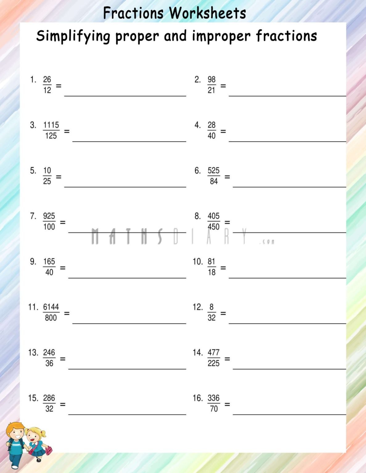 Simplifying proper and improper fraction - Math Worksheets - MathsDiary.com