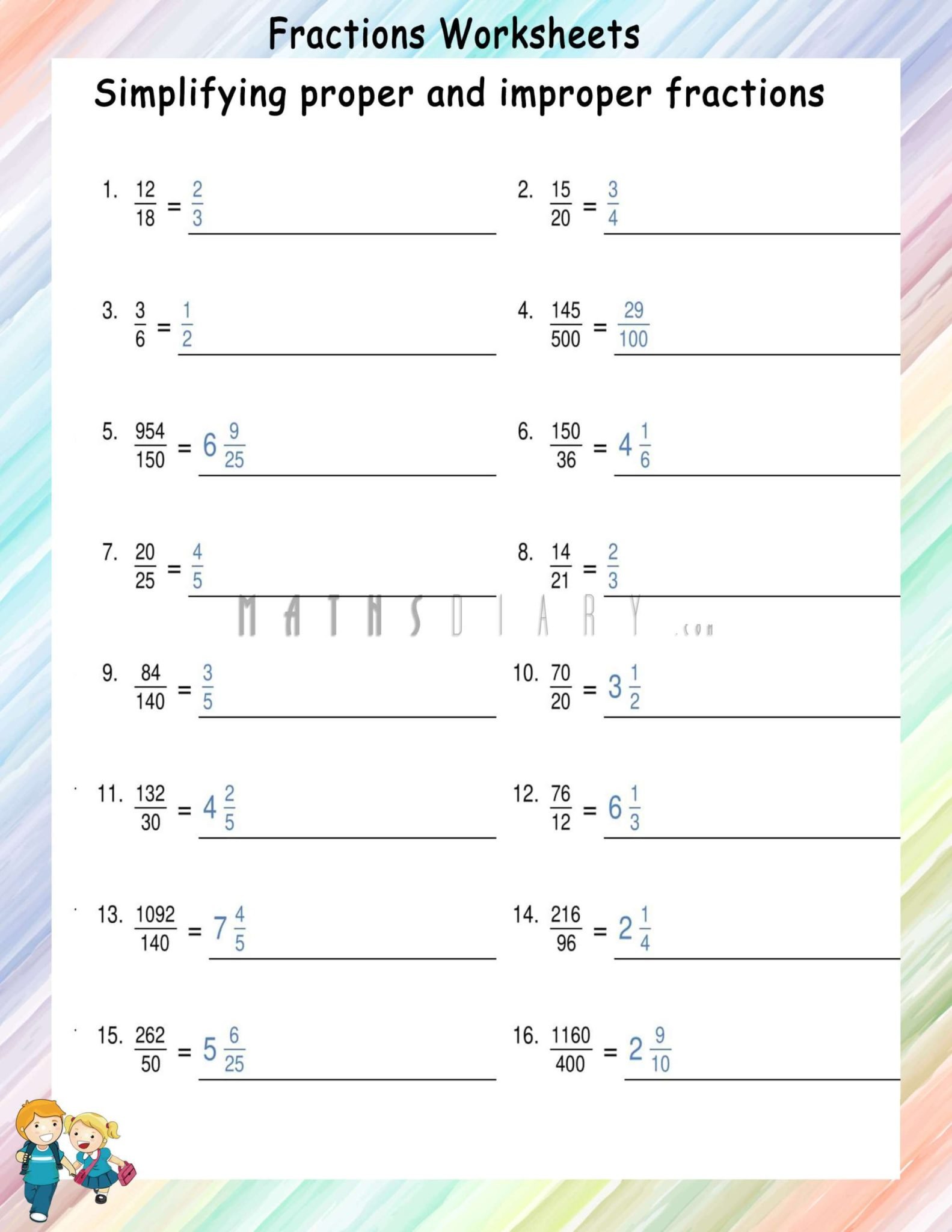 Convert Improper Fractions to Mixed Fractions worksheets - Math ...