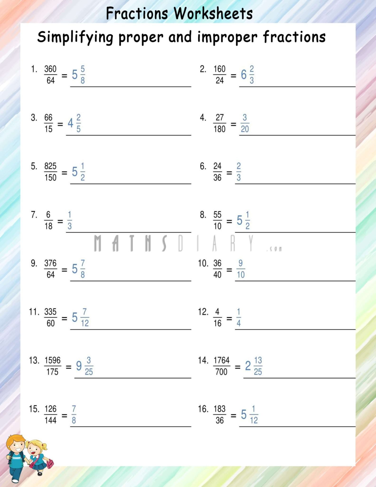 Simplifying proper and improper fraction - Math Worksheets - MathsDiary.com