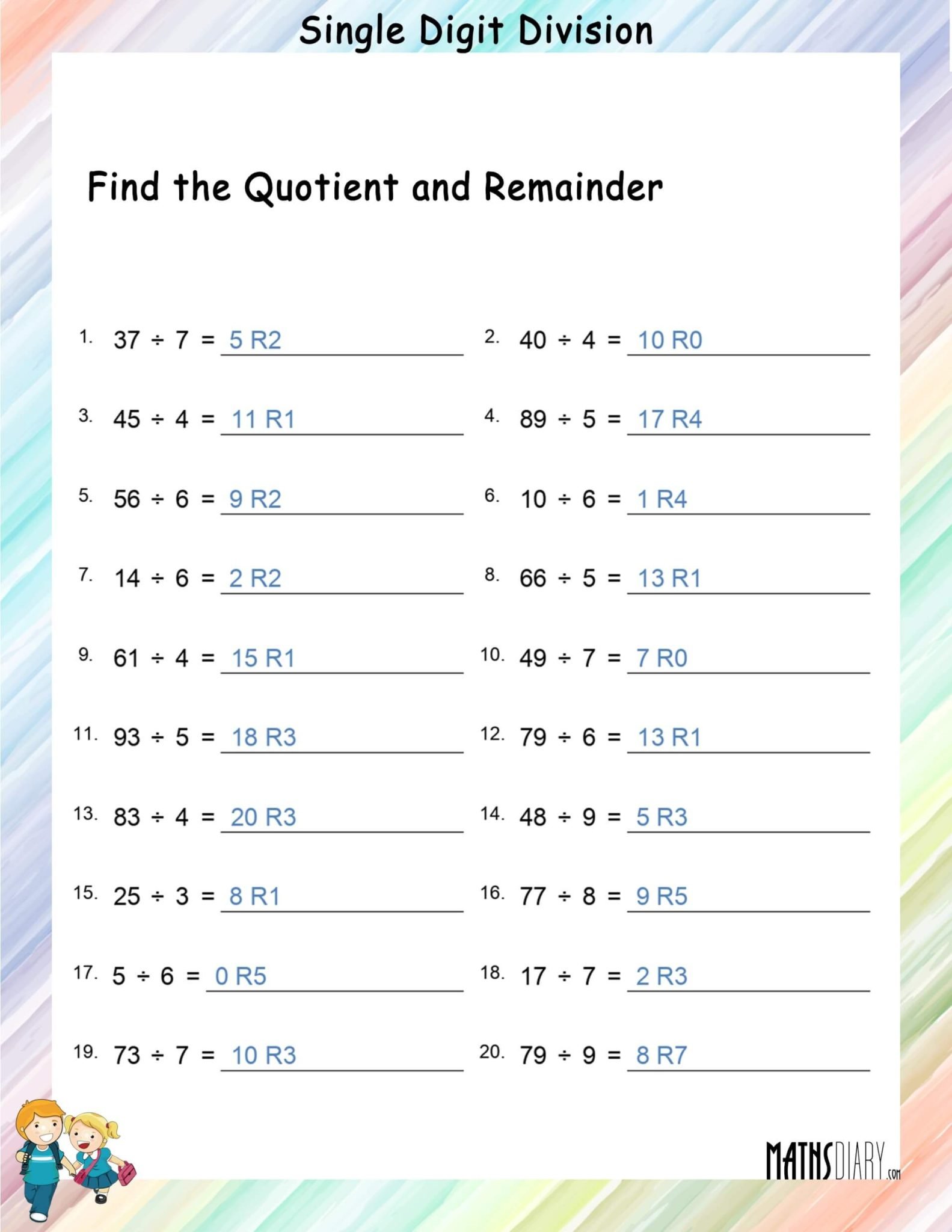 Single Digit Division Worksheets - Math Worksheets - MathsDiary.com
