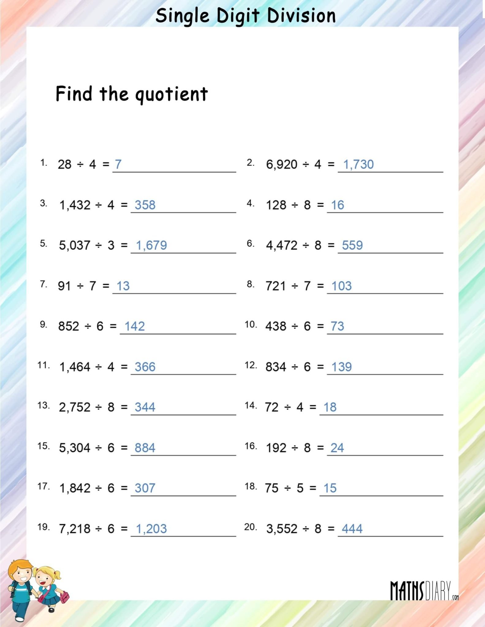 Single Digit Division without remainder Worksheets - Math Worksheets ...