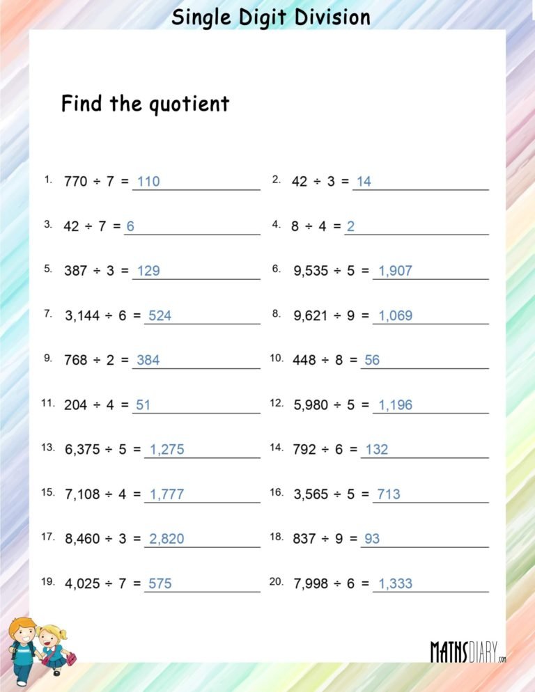 Single Digit Division without remainder Worksheets - Math Worksheets ...