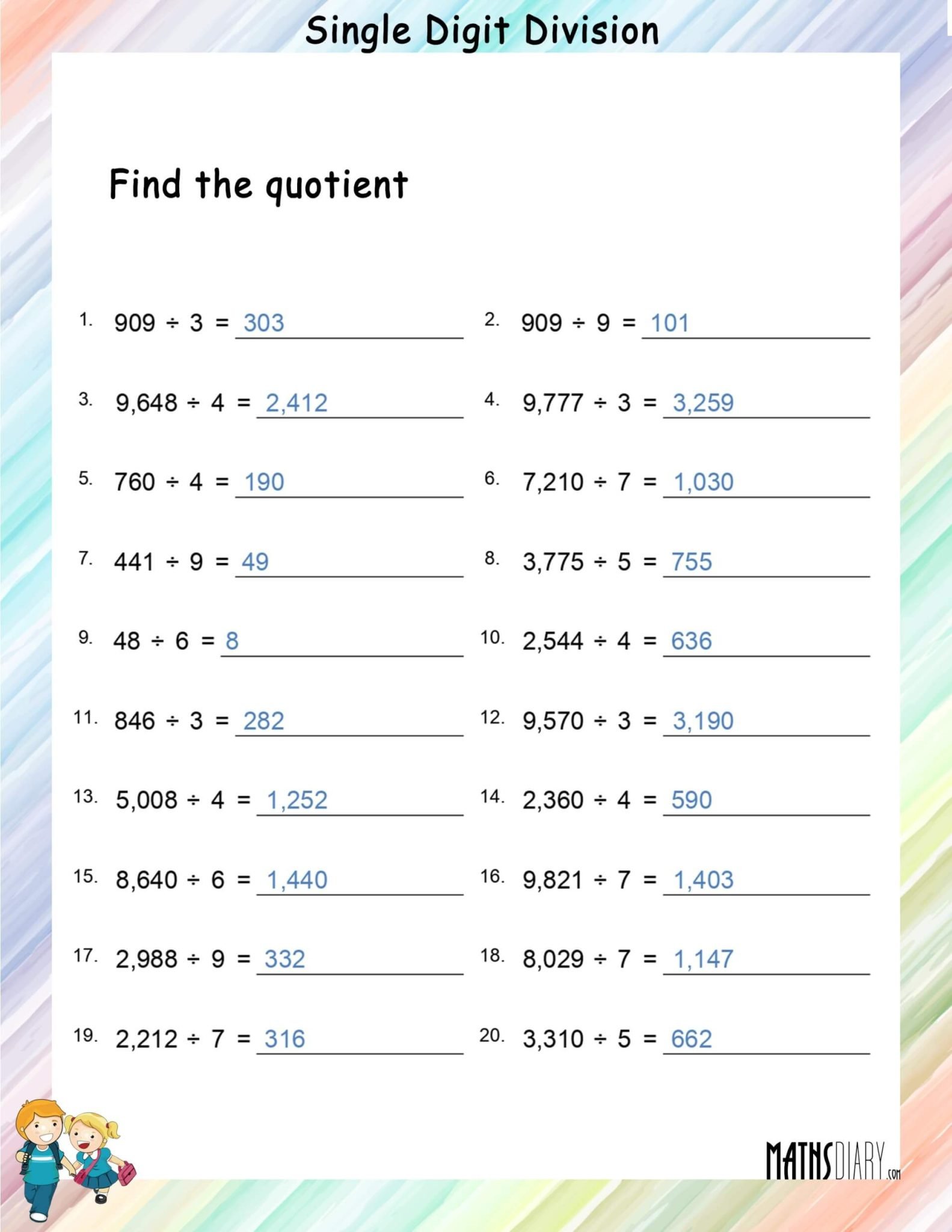 Single Digit Division without remainder Worksheets - Math Worksheets ...
