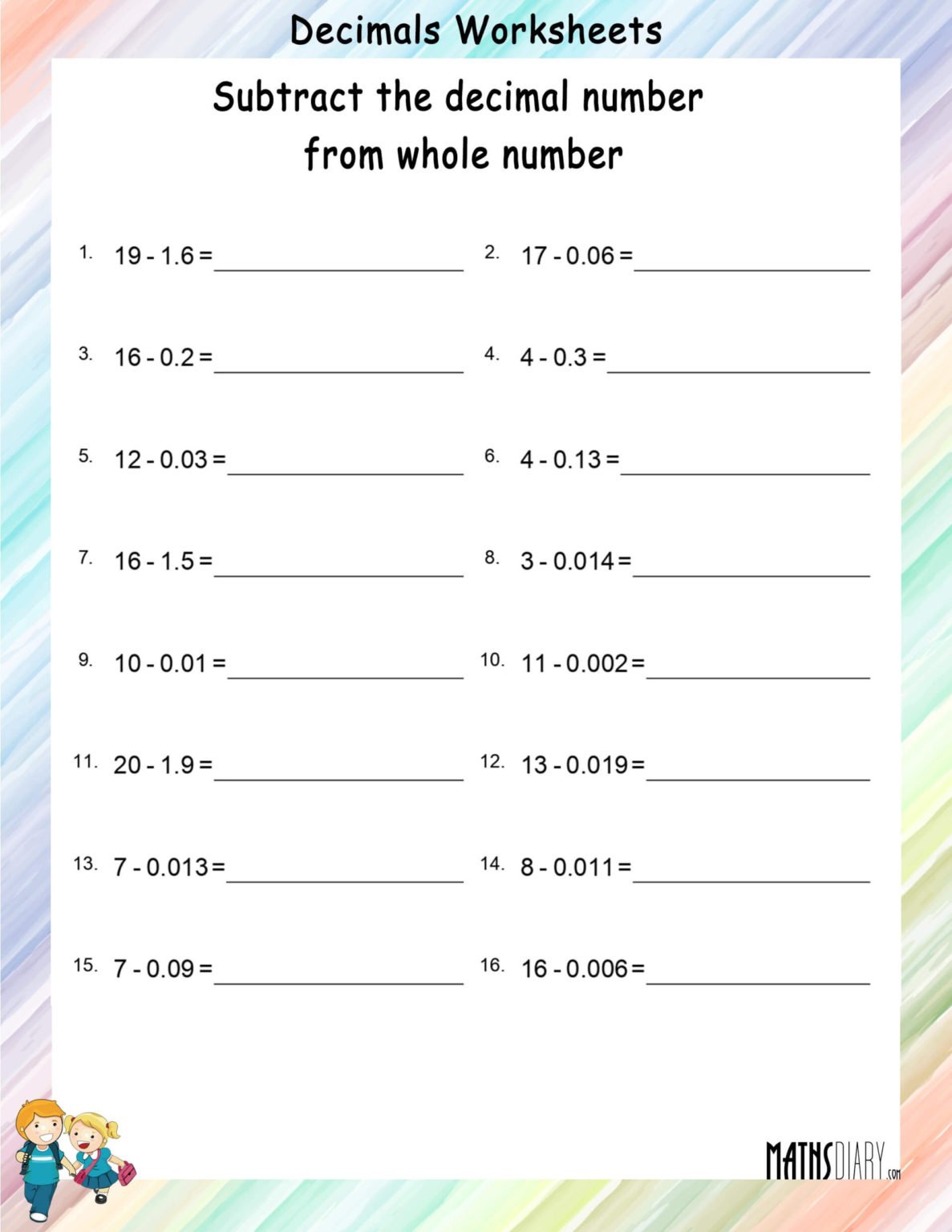 Subtract the decimal number from the whole number - Math Worksheets ...