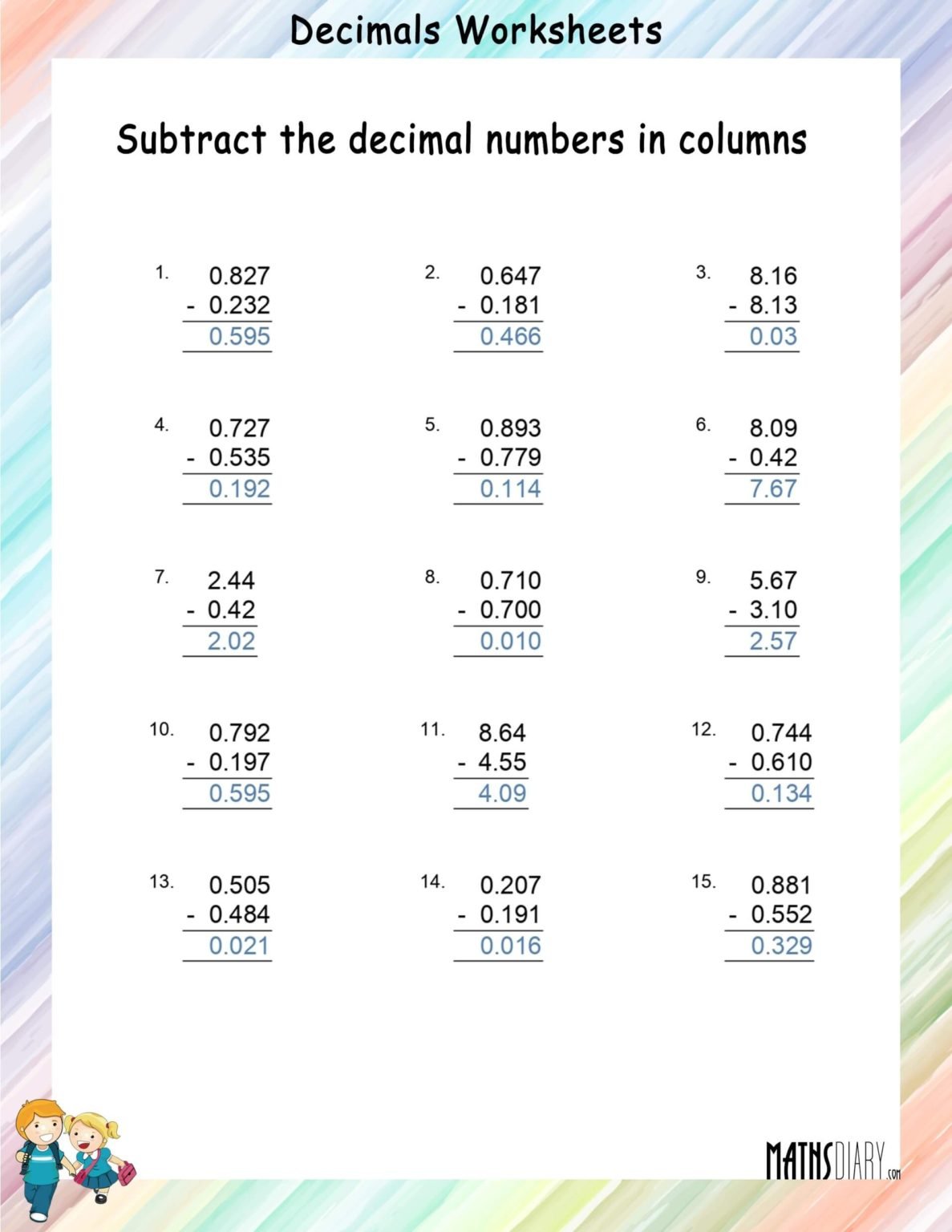 Subtraction of Decimal Numbers in Columns - Math Worksheets ...