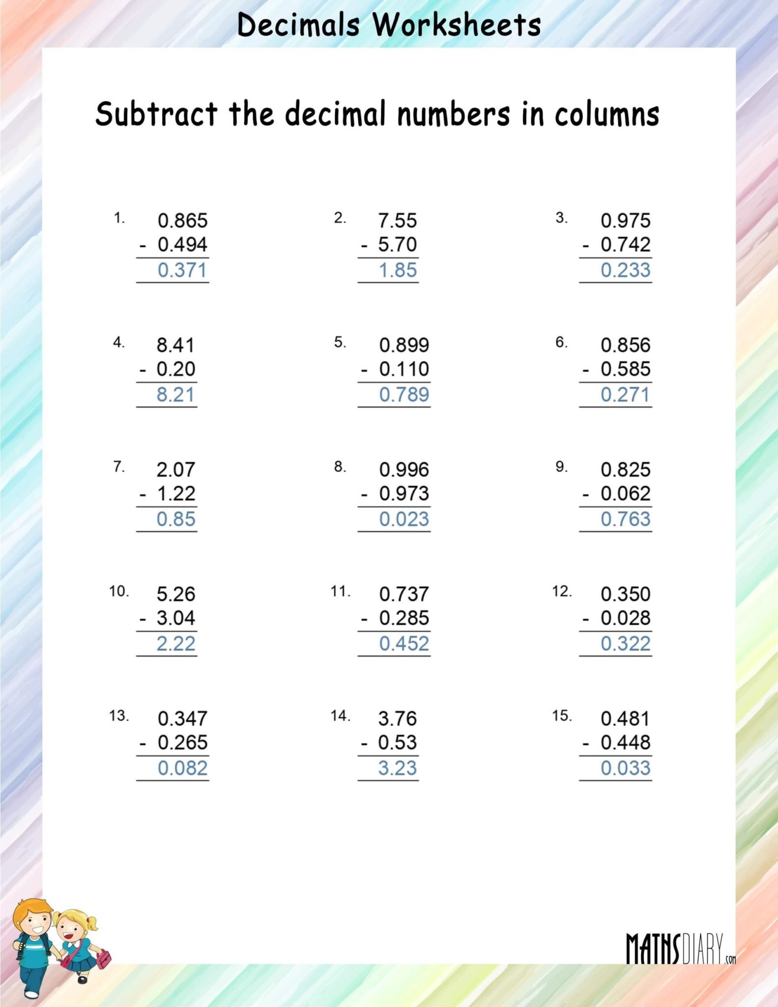 Subtraction of Decimal Numbers in Columns - Math Worksheets ...