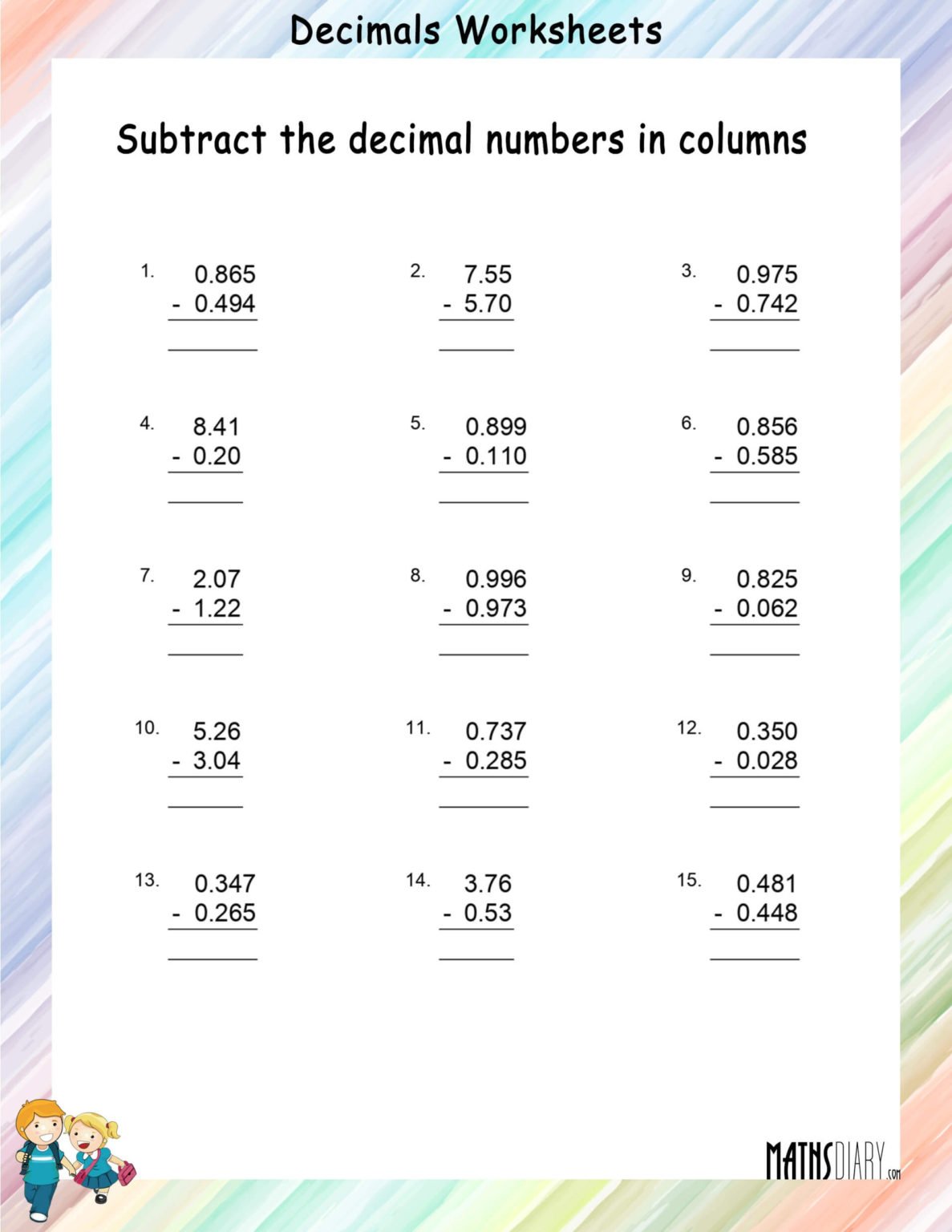 Subtraction of Decimal Numbers in Columns - Math Worksheets ...