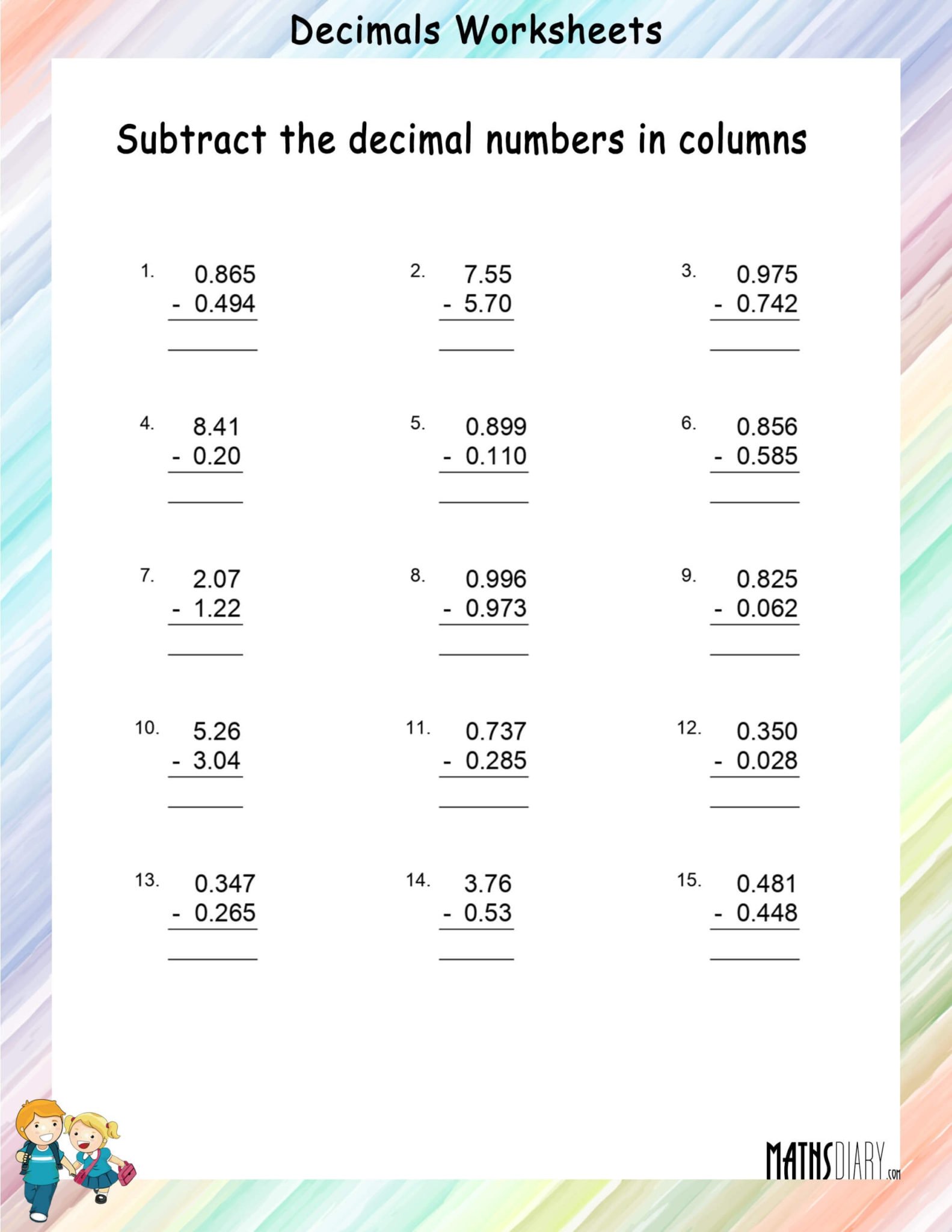 Subtraction of Decimal Numbers in Columns - Math Worksheets ...