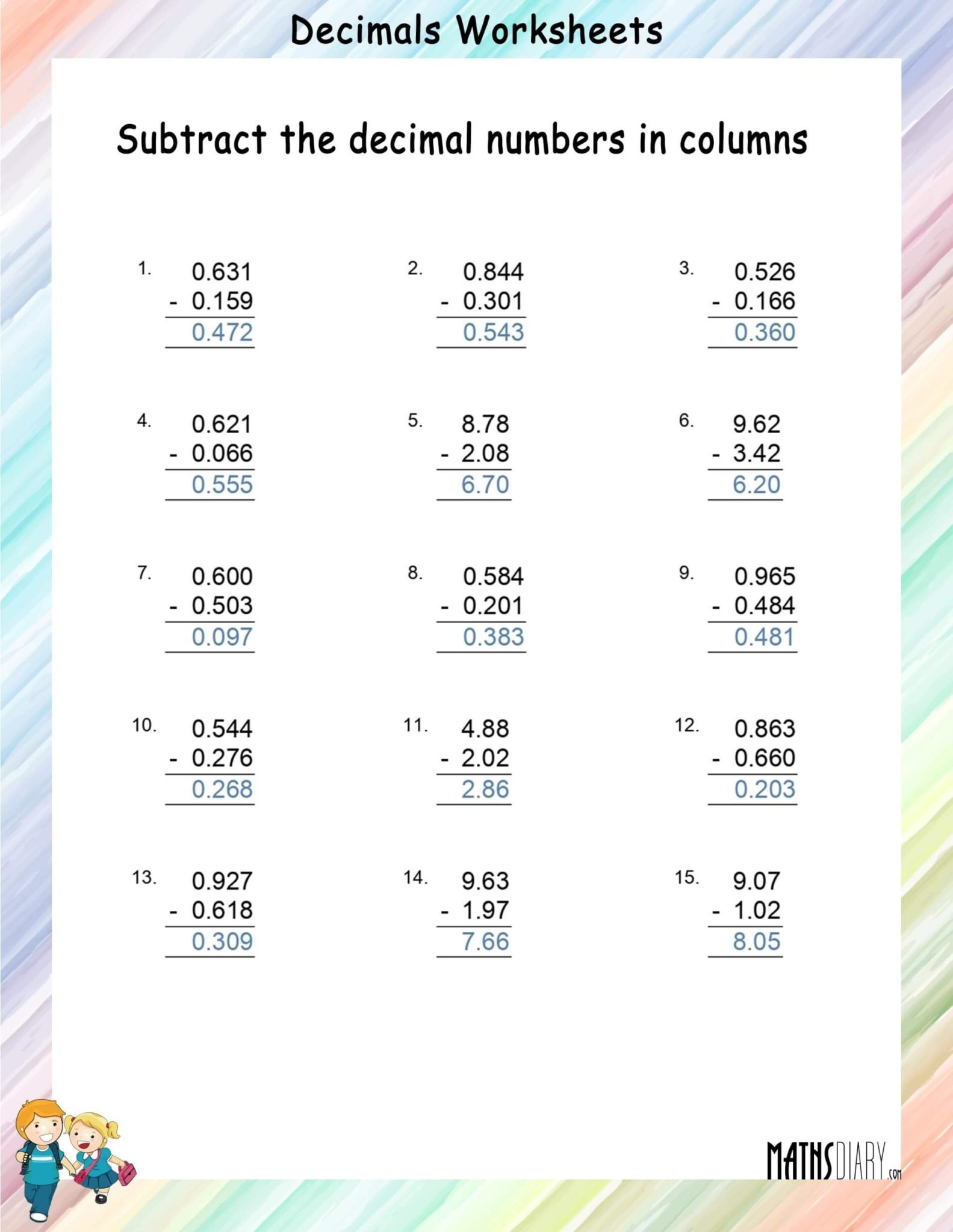 Subtraction of Decimal Numbers in Columns - Math Worksheets ...