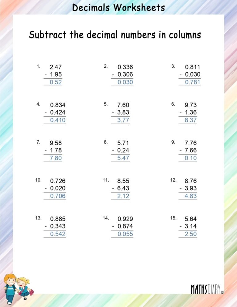 Subtraction of Decimal Numbers in Columns - Math Worksheets ...
