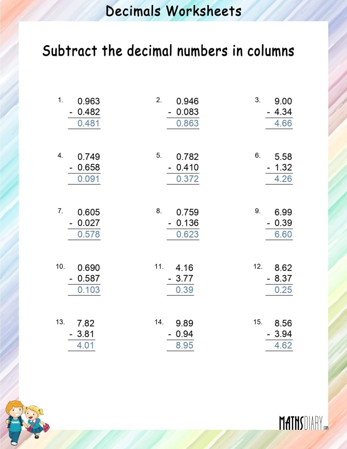 Subtraction of Decimal Numbers in Columns - Math Worksheets ...