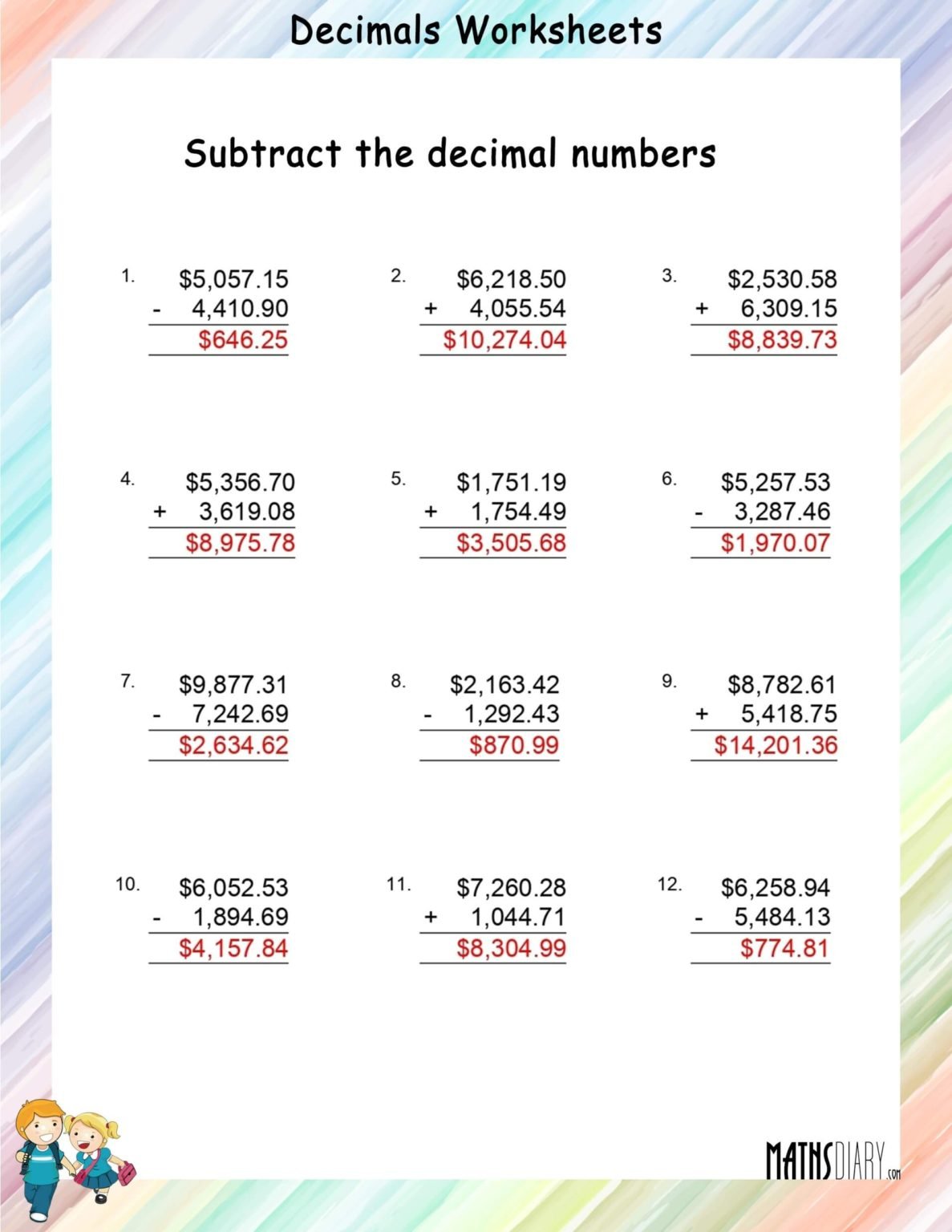Subtraction of Decimal Numbers in Columns - Math Worksheets ...